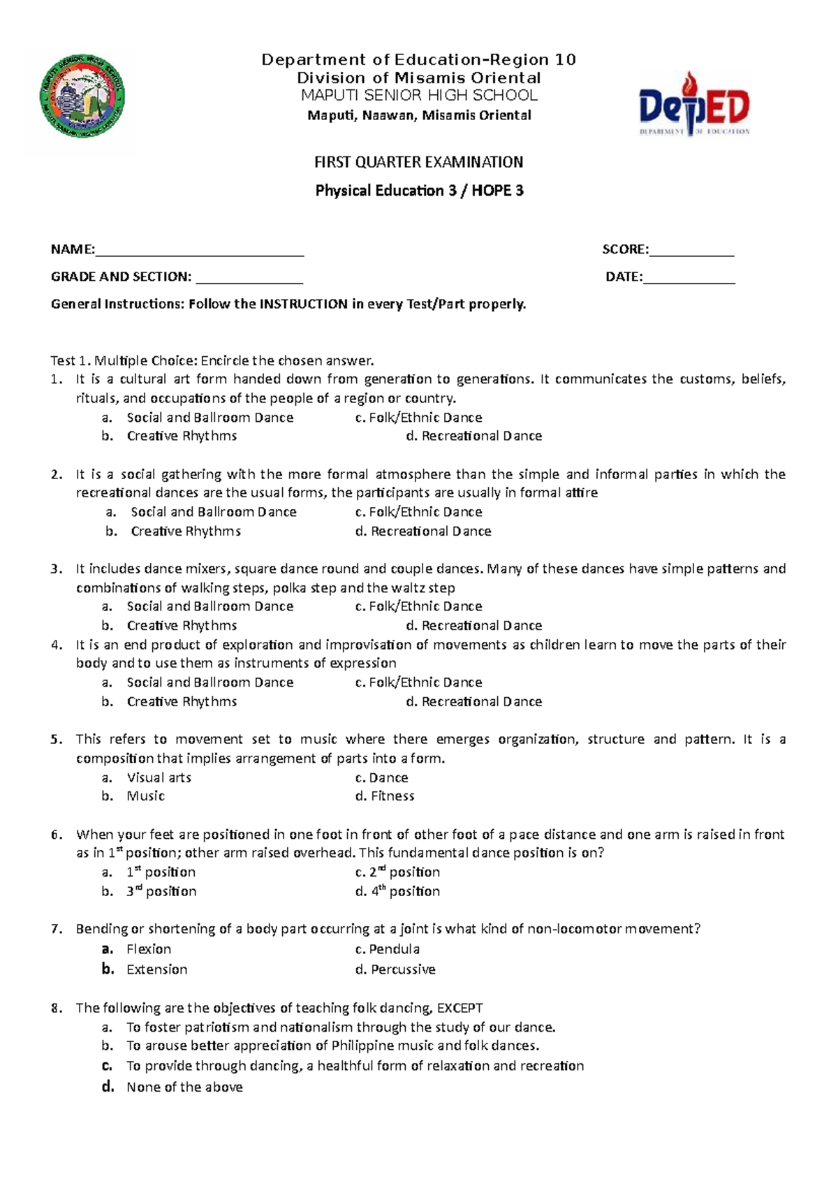 Periodical Exam (First Quarter) - Department of Education–Region 10 ...