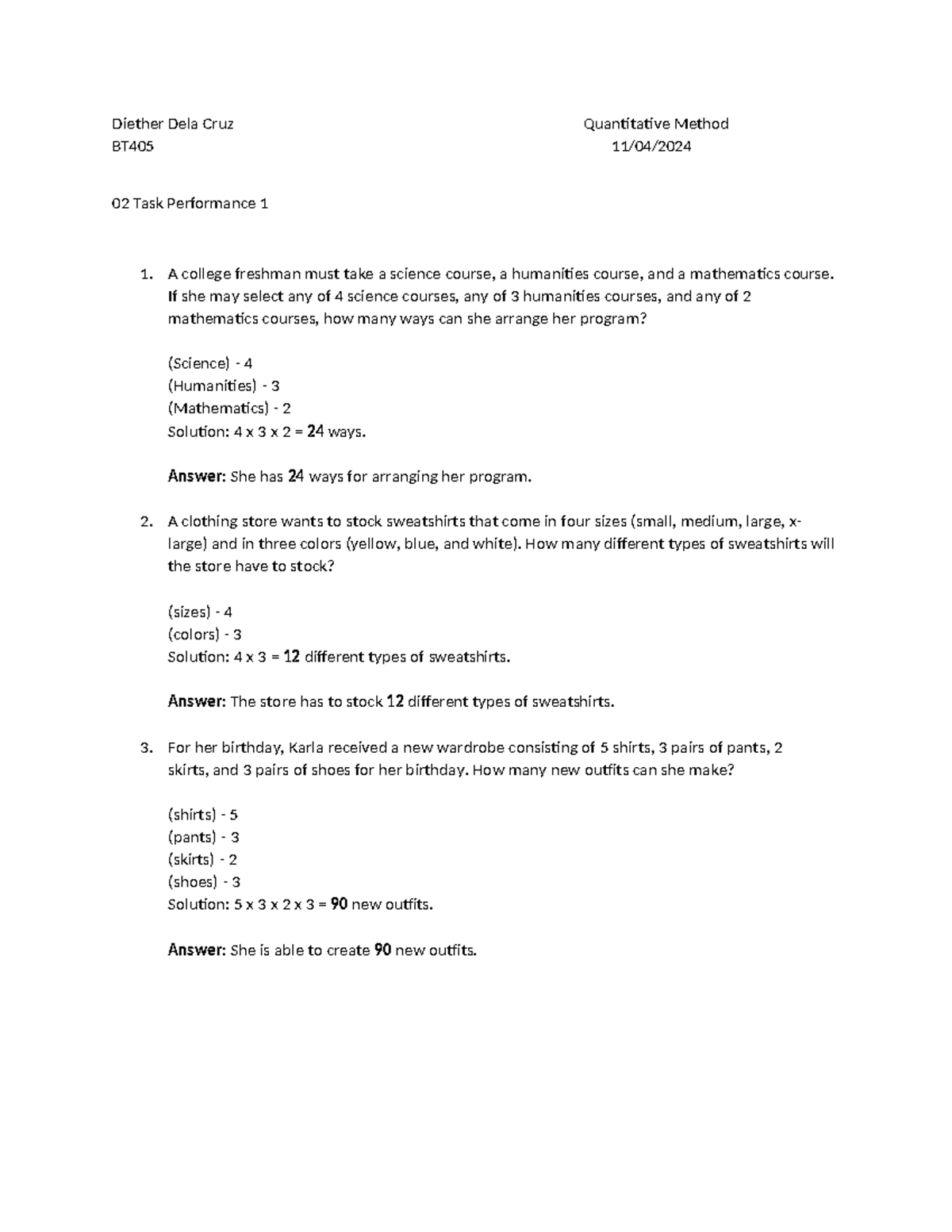 Dela Cruz Diether 02 TASK Performance 1 Quanti - Diether Dela Cruz Quantitative Method BT405 11 ...