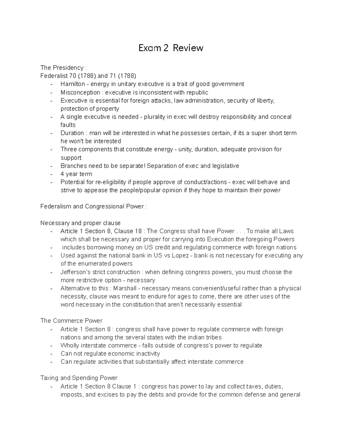 Exam 2 Review Sheet - Exam 2 Review The Presidency : Federalist 70 ...