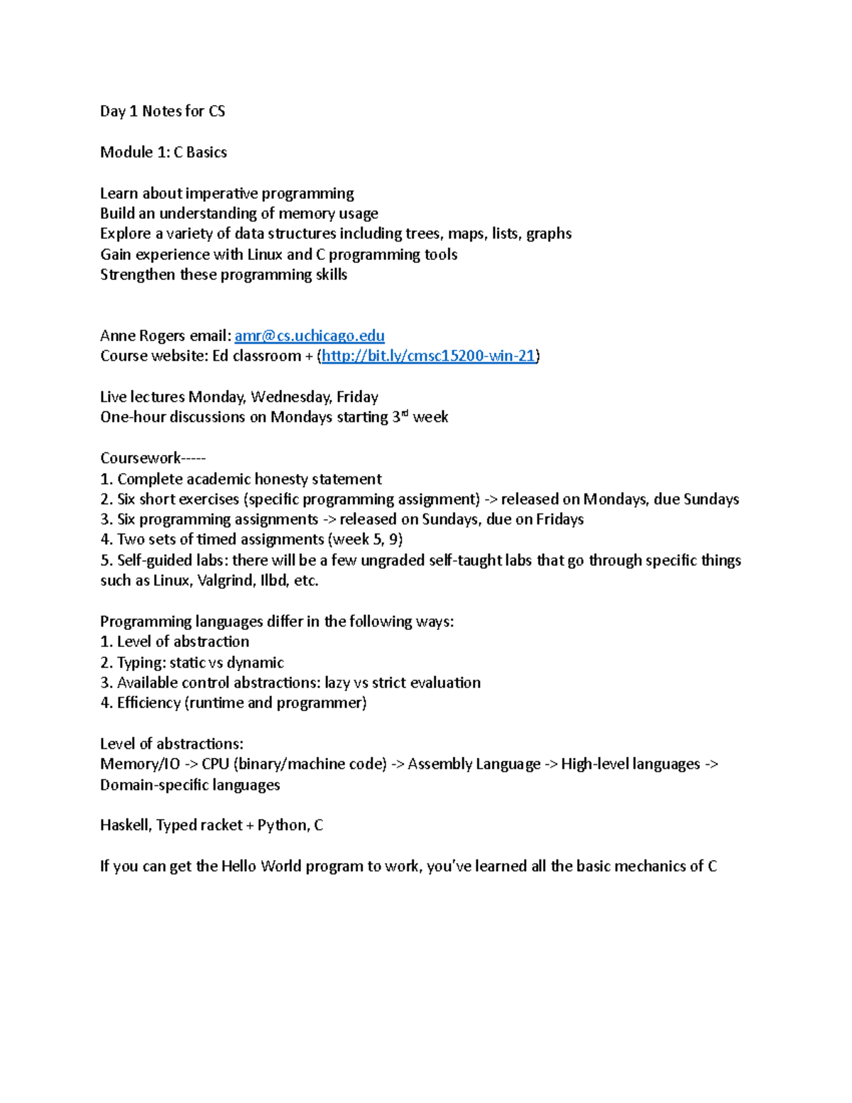 Comprehensive Lecture Notes to All things C-related - Day 1 Notes for ...