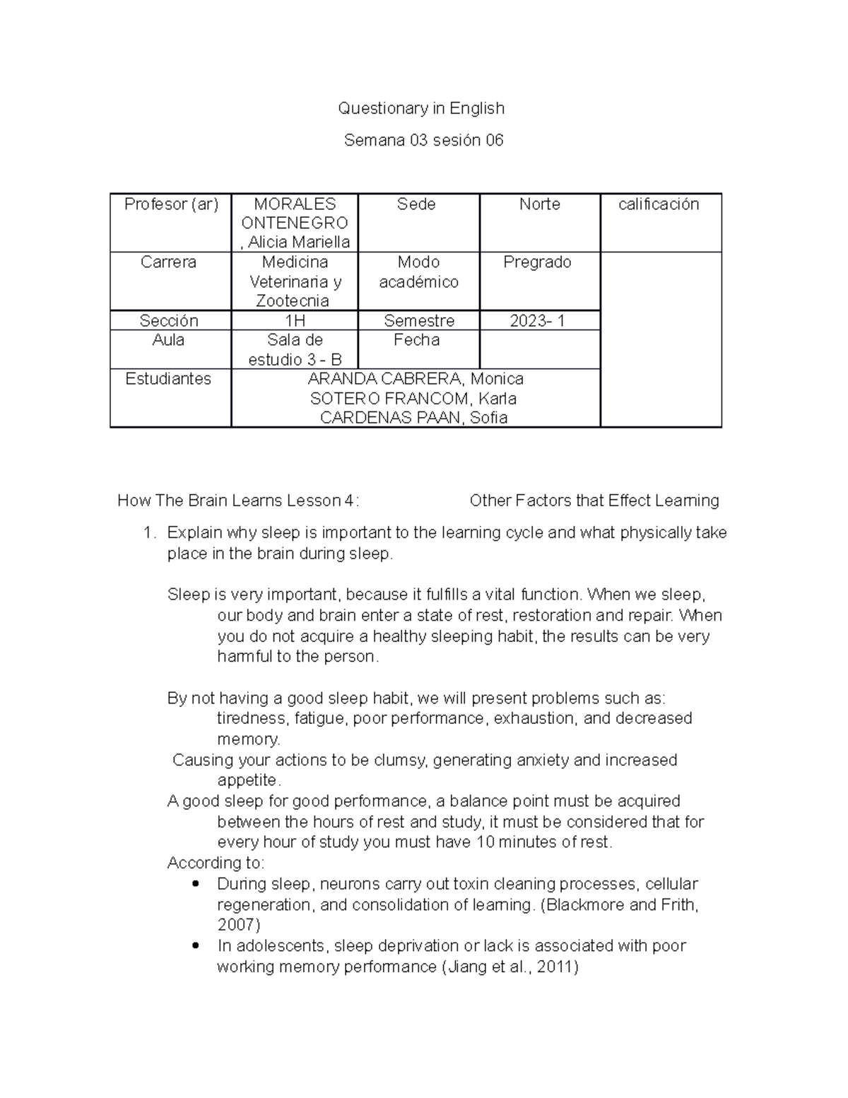 Questionary in English - Questionary in English Semana 03 sesión 06 Profesor (ar) MORALES ...