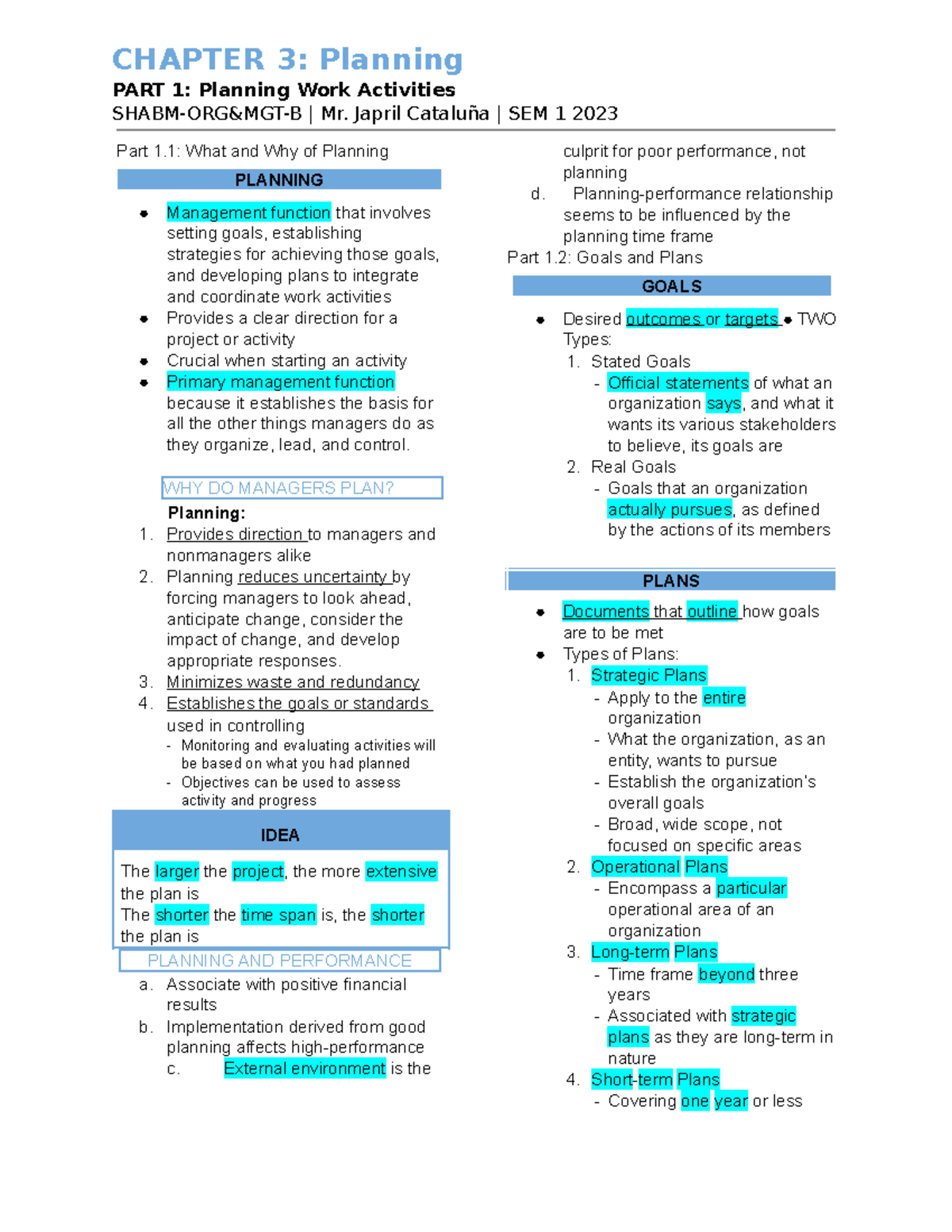 OM-Chapter-3 - summary - PART 1: Planning Work Activities SHABM-ORG&MGT-B | Mr. Japril Cataluña ...