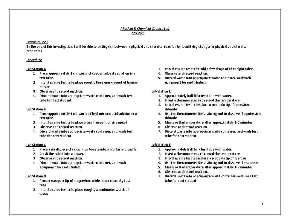 SNC2D1 - Physical and Chemical Change Lab - 1 Physical & Chemical ...