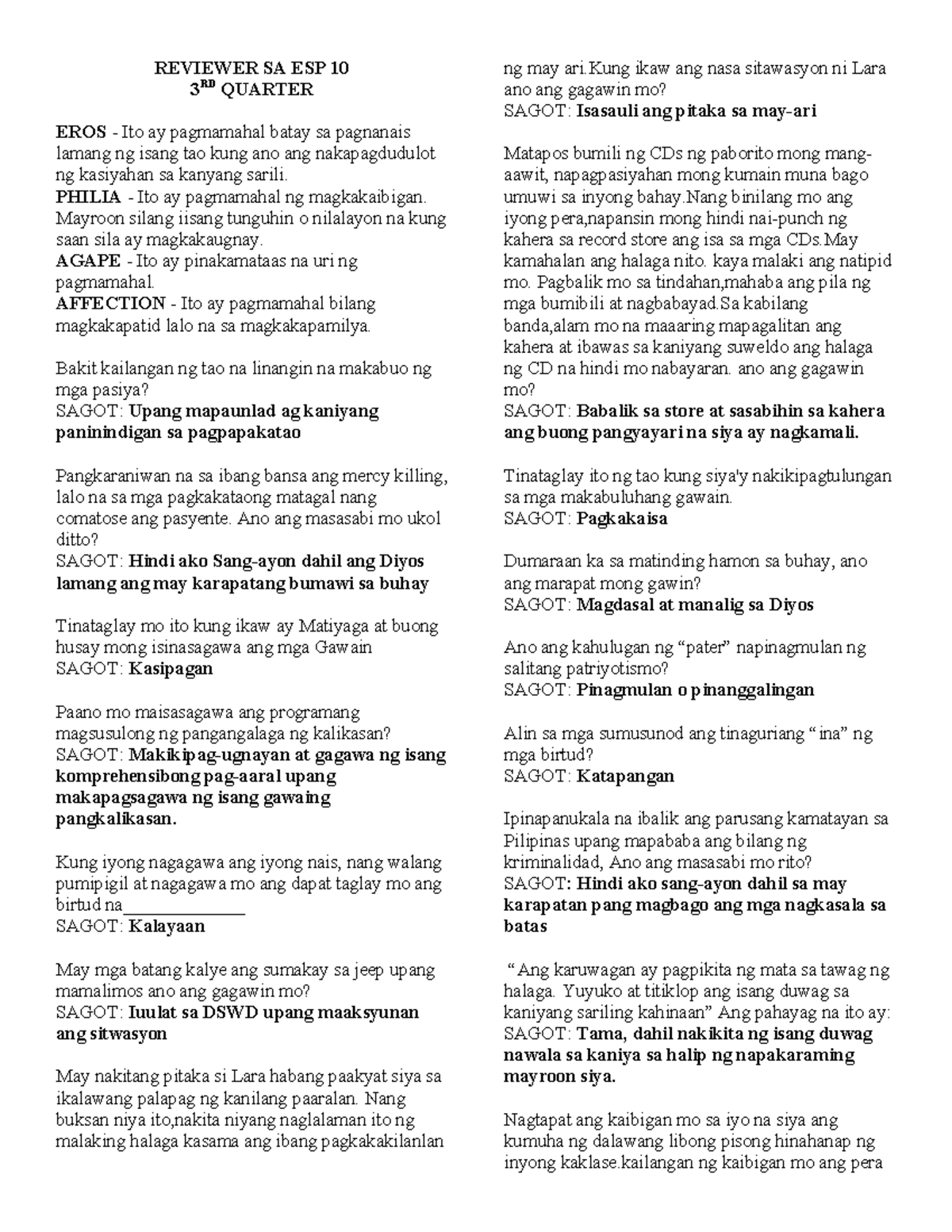 Toaz - esp reviewer 3rd quarter grade 10 - REVIEWER SA ESP 10 3 RD ...