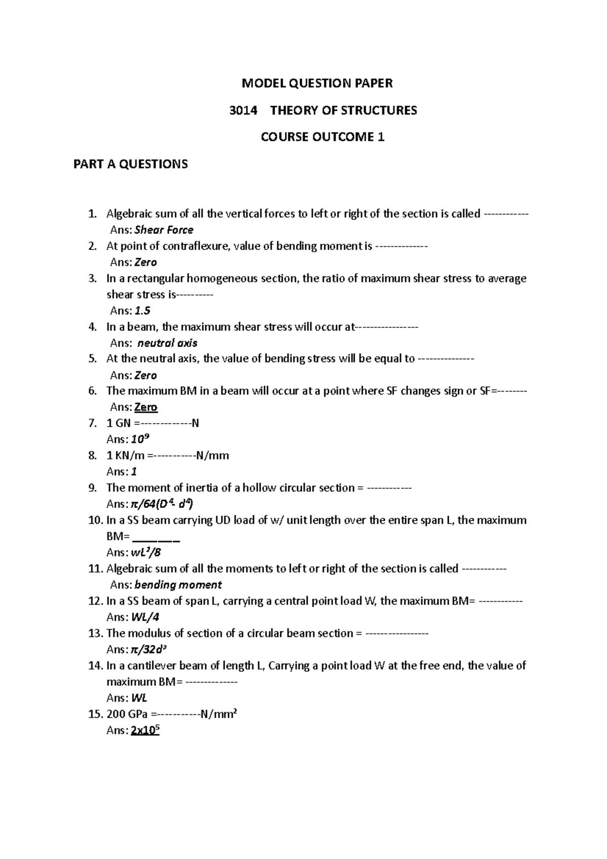 TOS QS. Paper Civil - PART A QUESTIONS MODEL QUESTION PAPER 3014 THEORY OF STRUCTURES COURSE ...