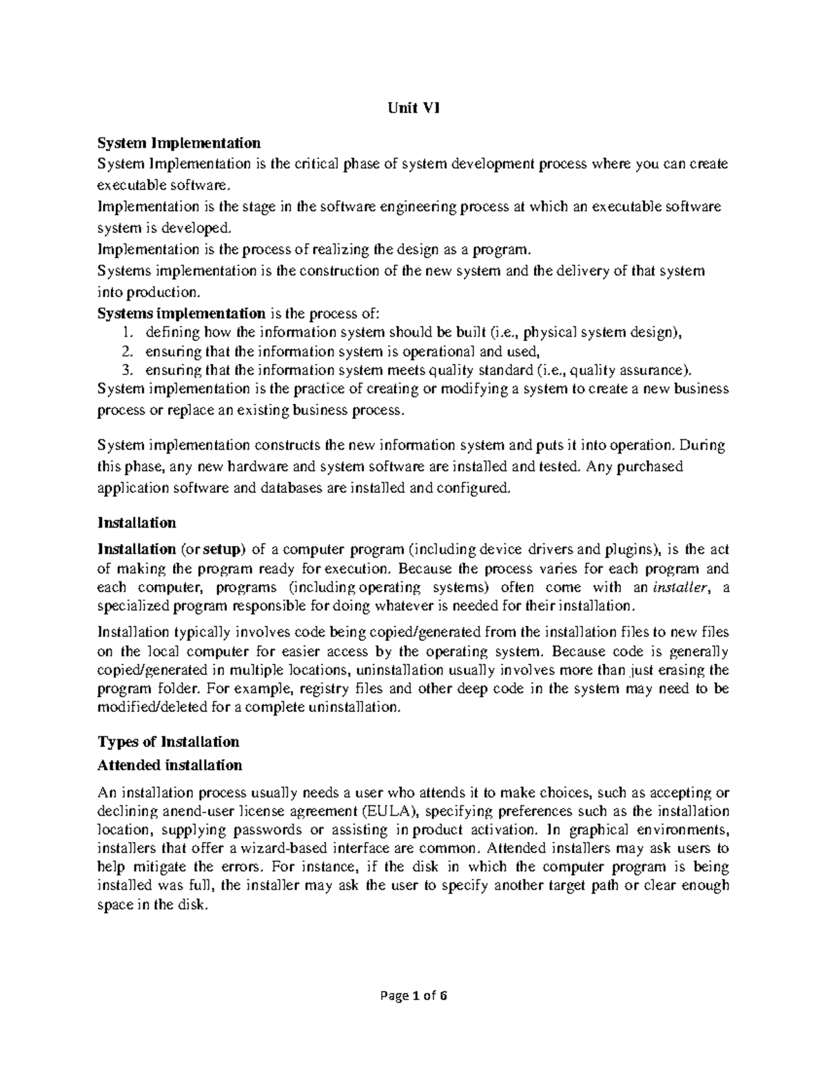 Unit VI - System Implementation and Installation - Unit VI System Implementation System - Studocu