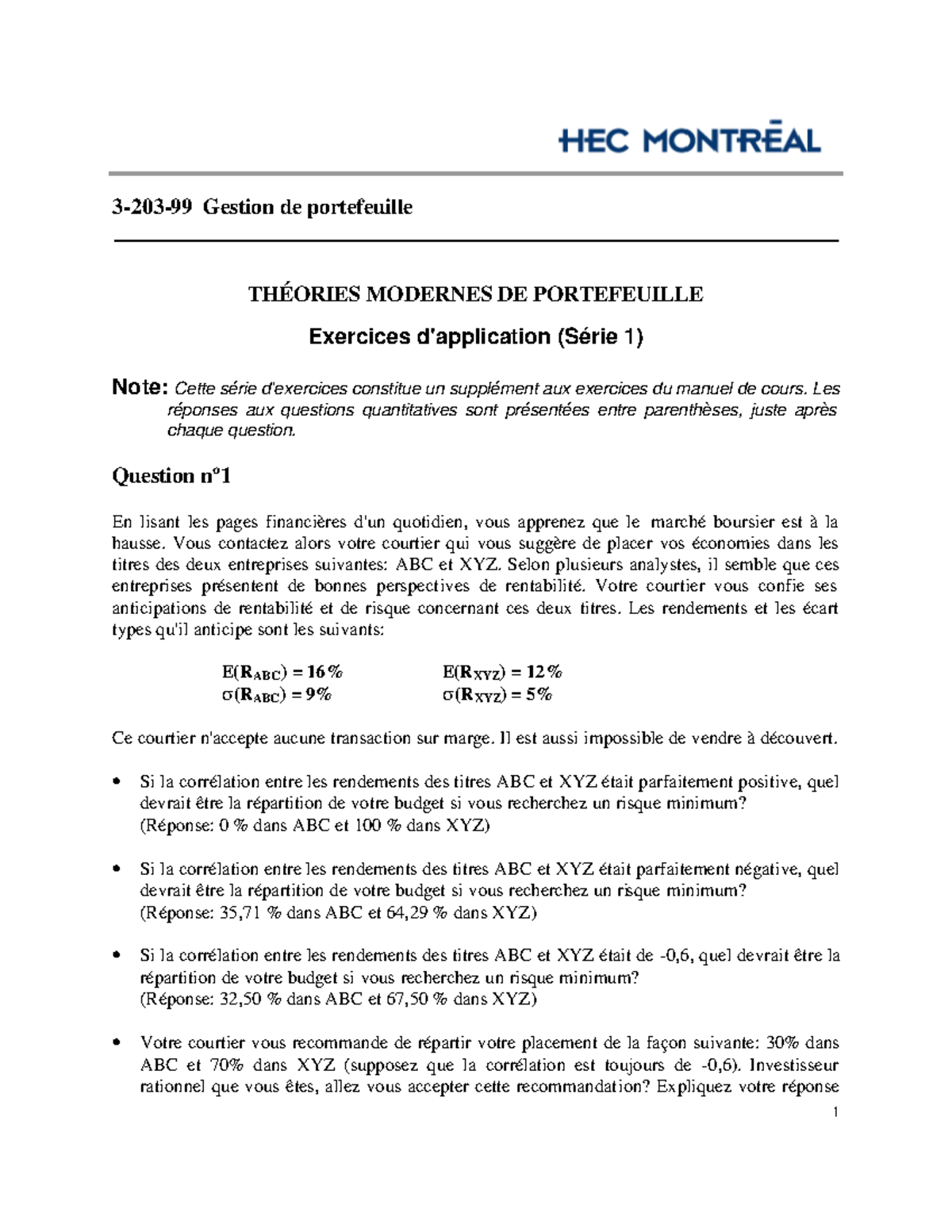 Exe1 - Exo en classe - 3-203-99 Gestion de portefeuille THÉORIES MODERNES DE PORTEFEUILLE ...