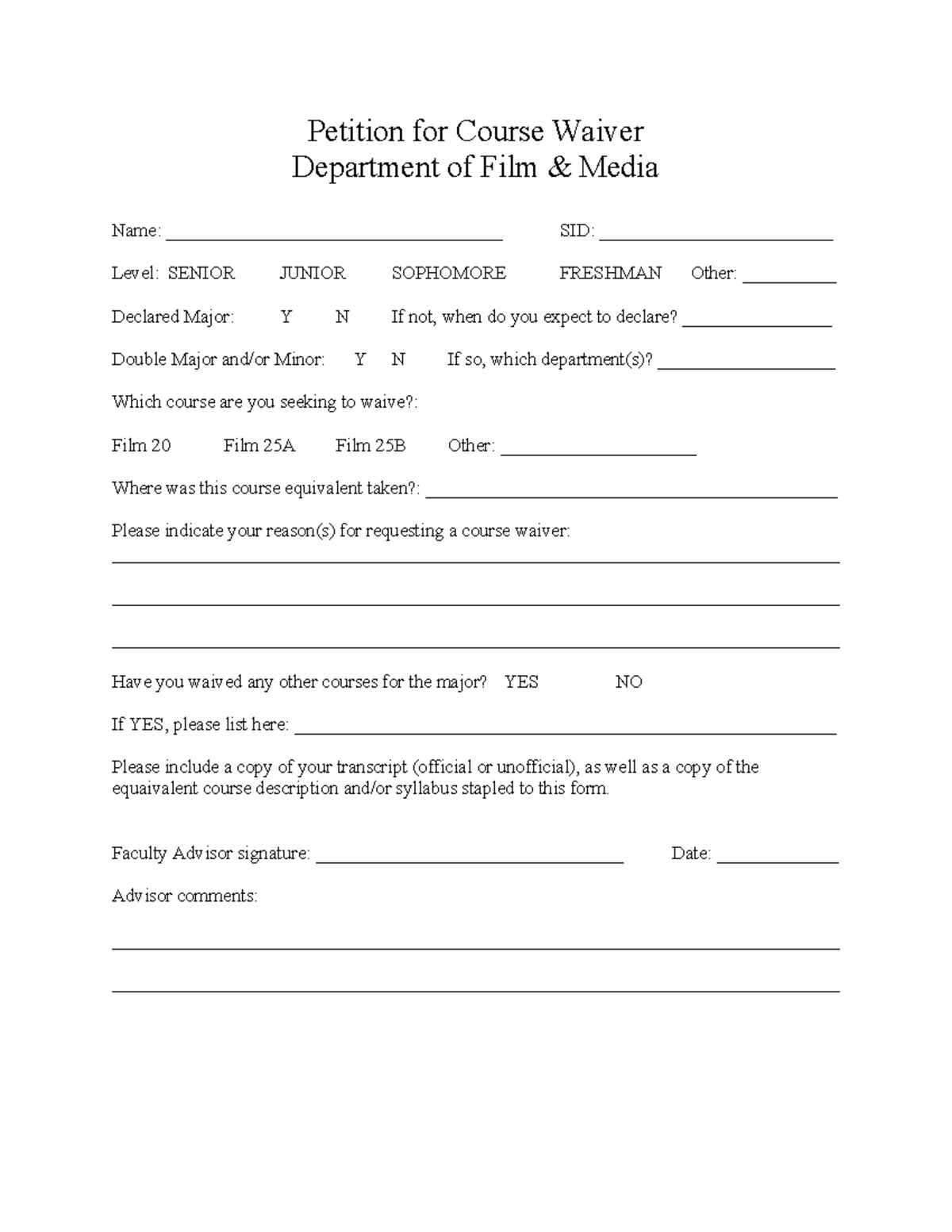 Petition for Course Waiver - Petition for Course Waiver Department of ...