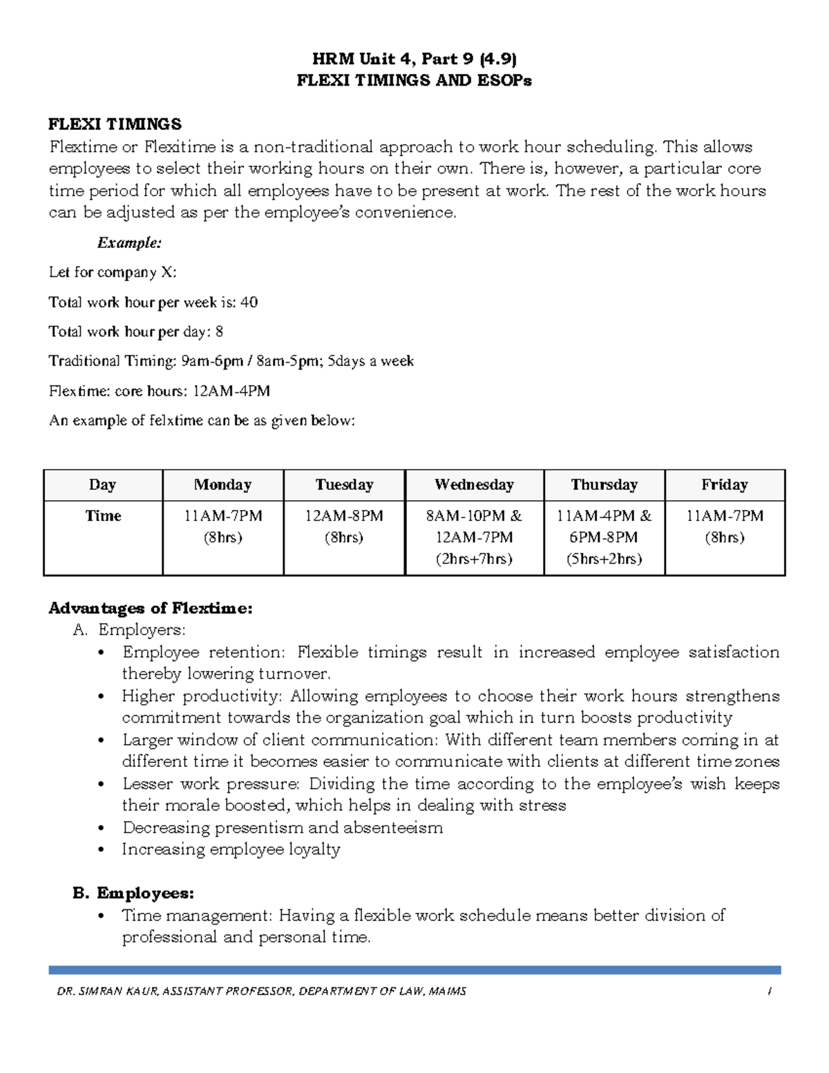 4 - Best - HRM Unit 4, Part 9 (4. 9 ) FLEXI TIMINGS AND ESOPs FLEXI ...