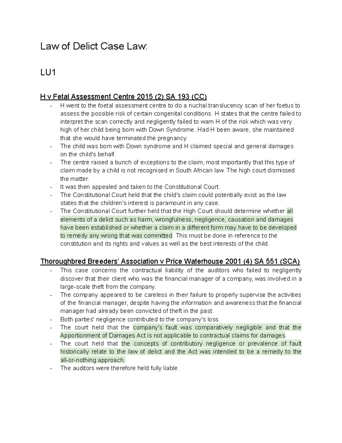 Delict law case law - Law of Delict Case Law: LU H v Fetal Assessment ...