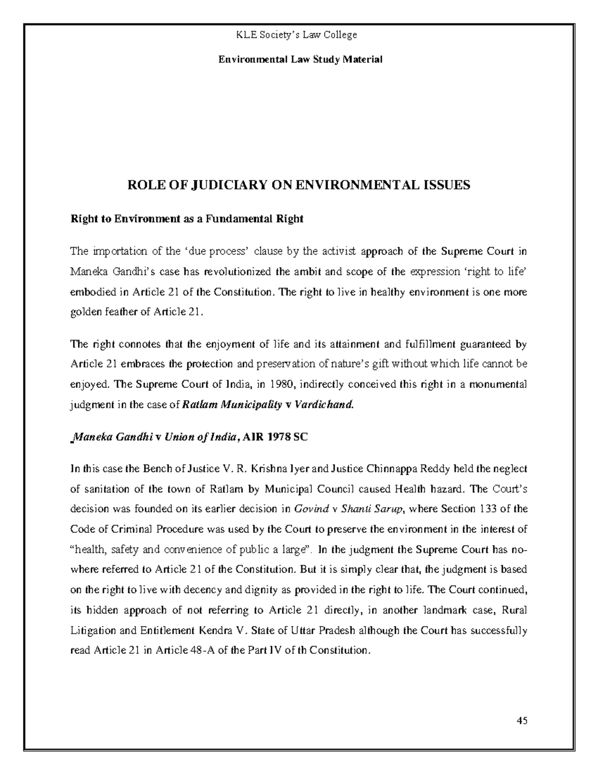 Role of judicary - Notes Serached - Environmental Law Study Material ...
