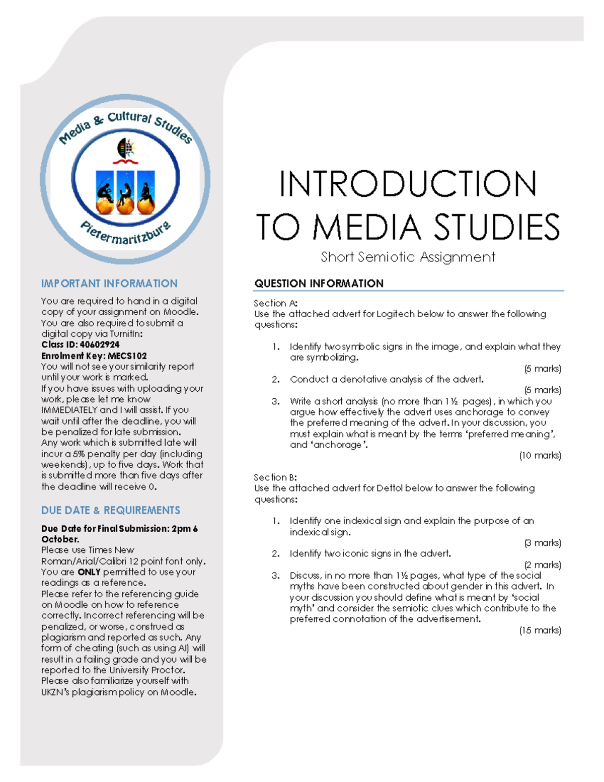 Assignment 2023 - INTRODUCTION TO MEDIA STUDIES Short Semiotic ...