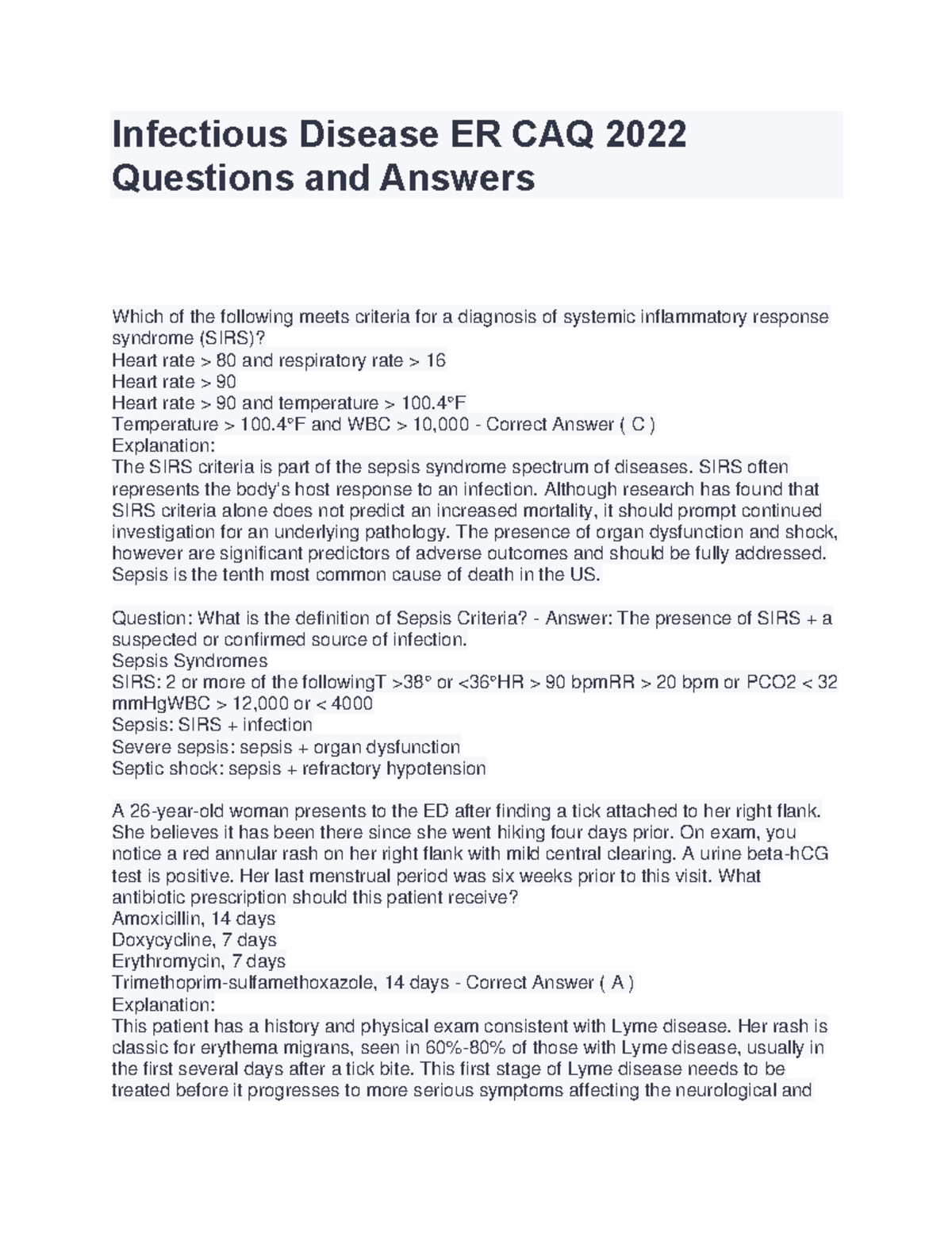 Infectious Disease ER CAQ 2022 Questions and Answers - SIRS often ...