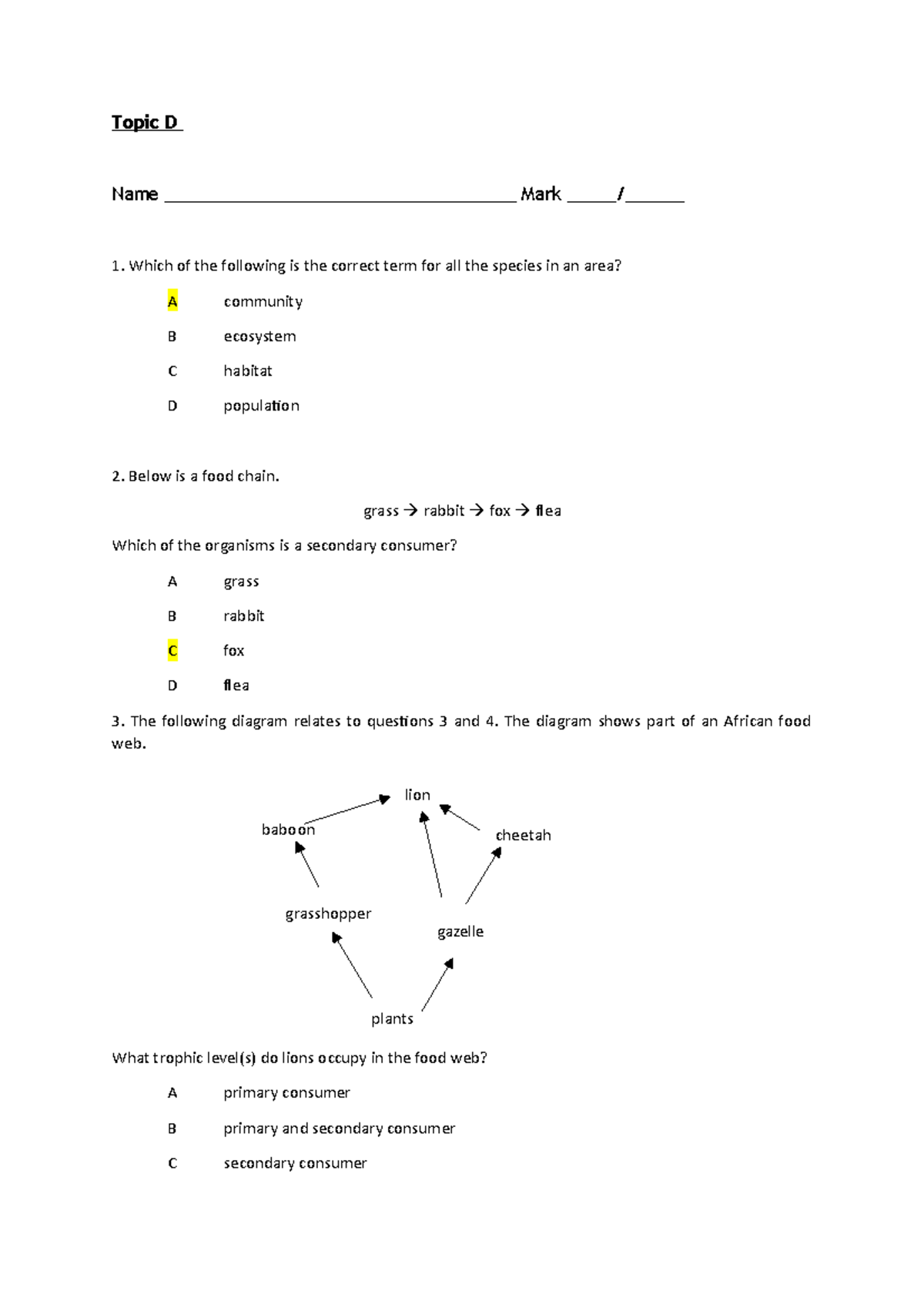 2021 practise multiple choice qu - Topic D Name ...