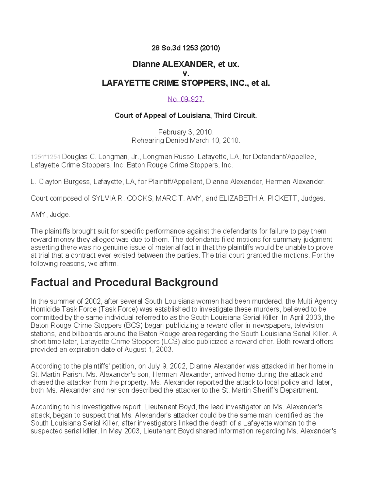 TT BLaw 3391 A Alexander Case - 28 So 1253 (2010) Dianne ALEXANDER, et ...