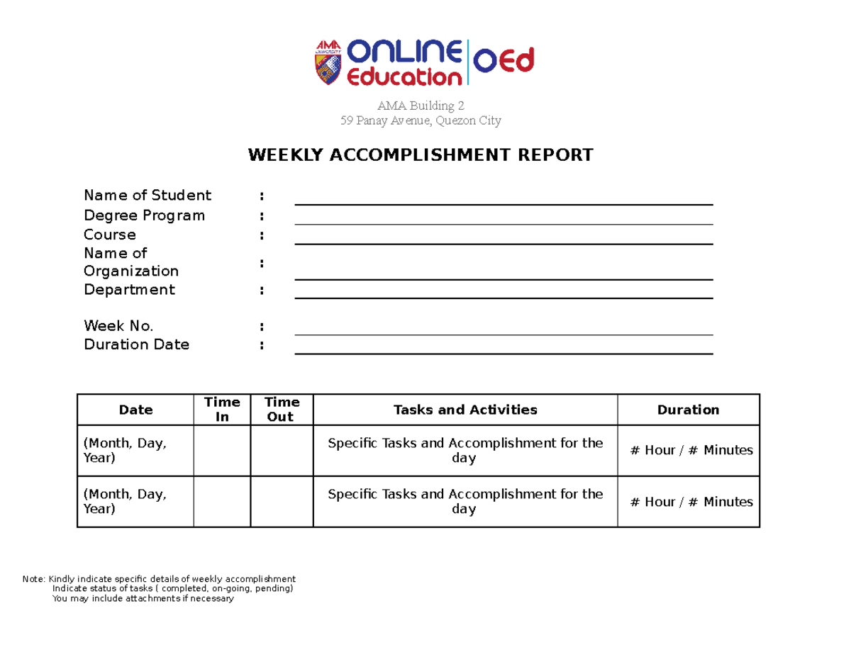 007 - Weekly Accomplishment Report - AMA Building 2 59 Panay Avenue ...