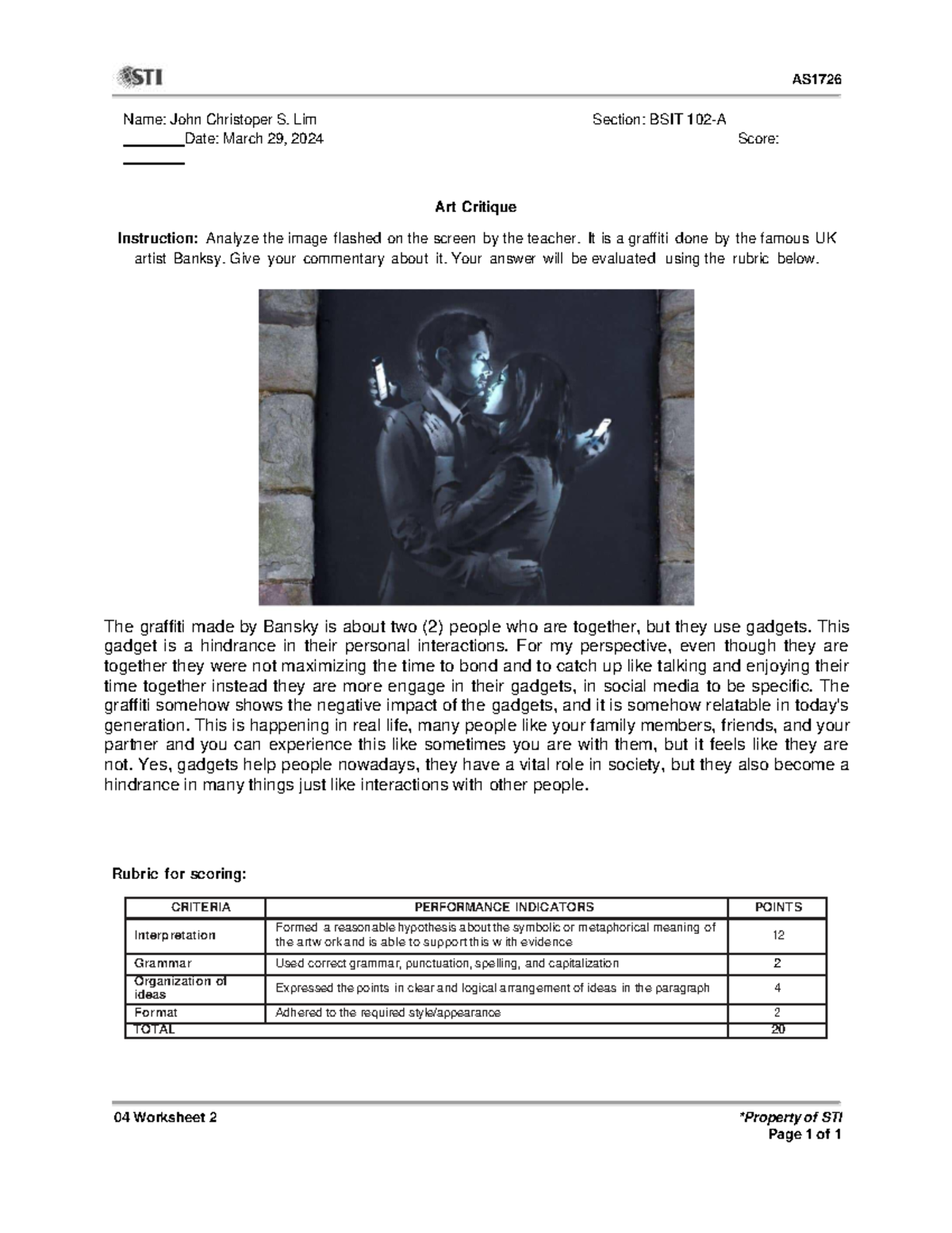 04 Worksheet(3). artapp 3 - Name: John Christoper S. Lim Section: BSIT ...