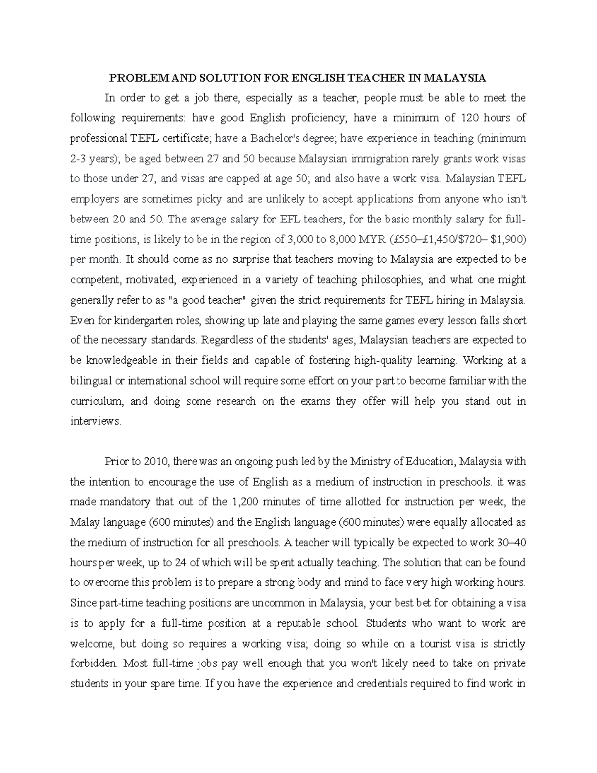 Problem AND Solution FOR English Teacher IN Malaysia - PROBLEM AND ...