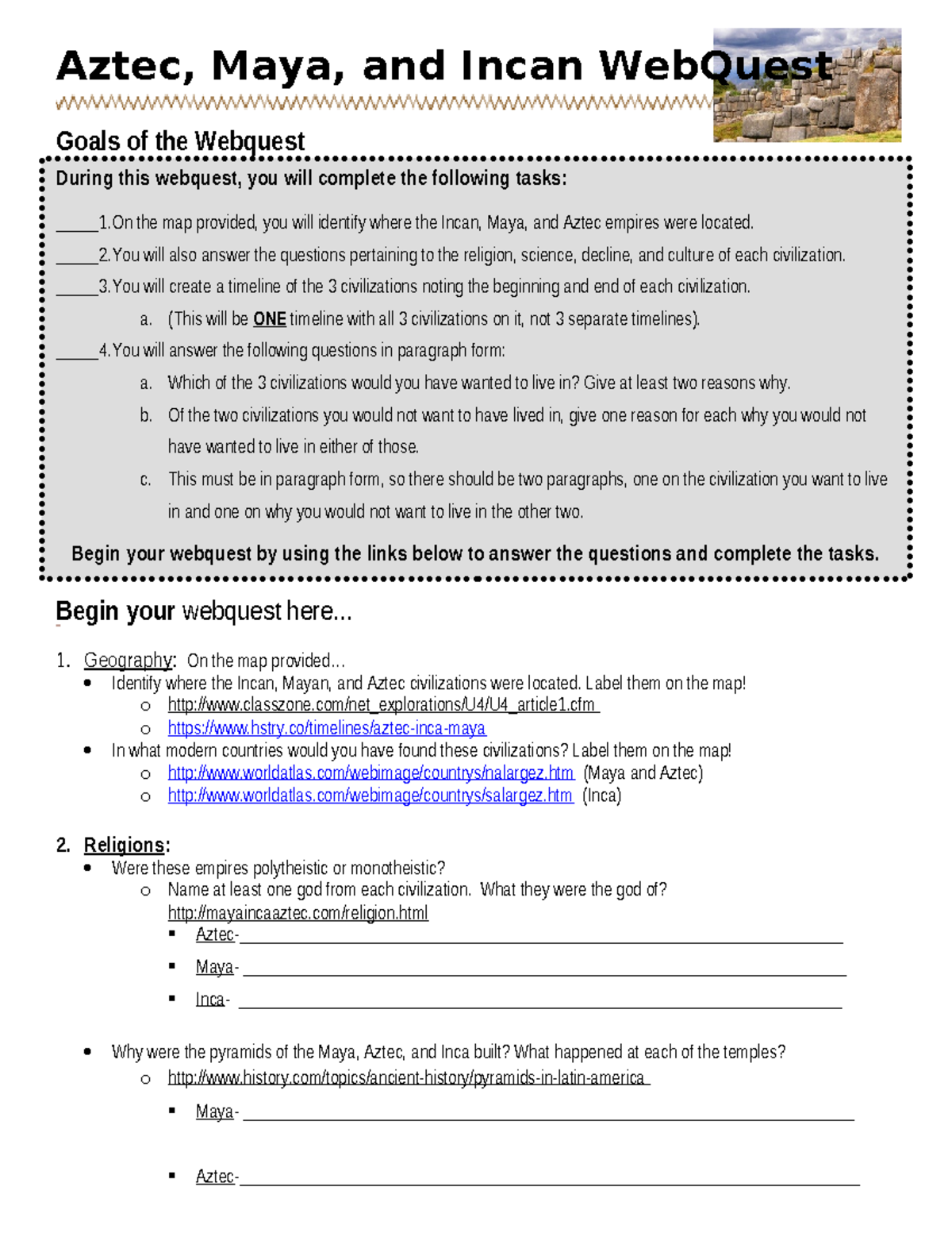 Aztec Maya Inca Kantor Webquest - Aztec, Maya, and Incan WebQuest Goals ...