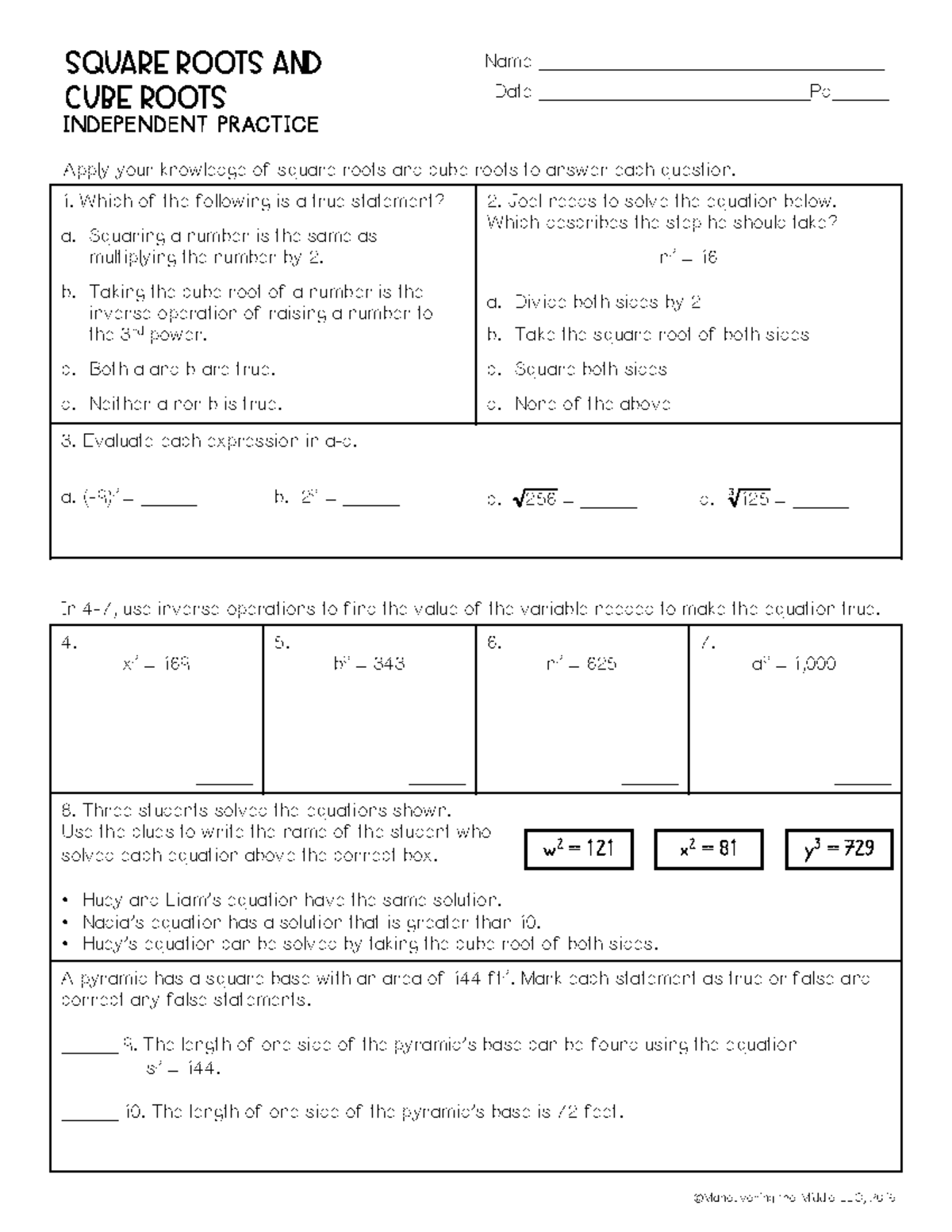 Independent Practice-Student Copy - SQUARE ROOTS AND CUBE ROOTS ...