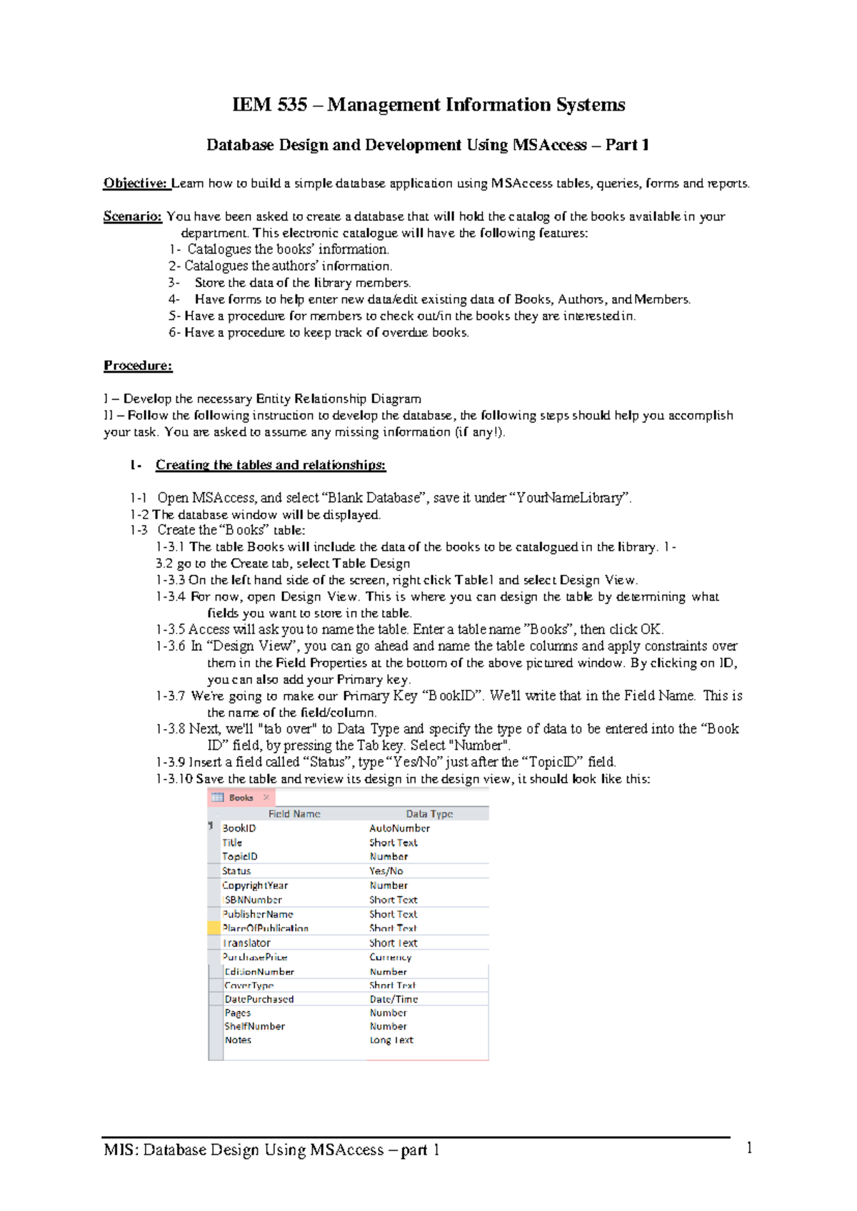 DBase development using Access - part 1 - IEM 535 – Management ...