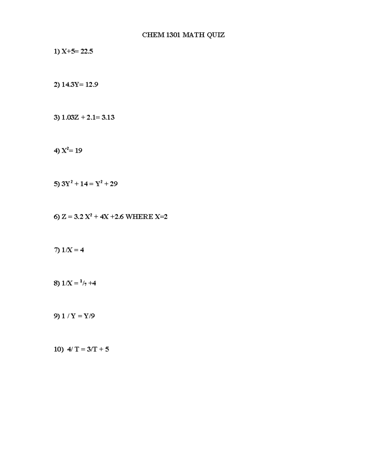 CHEM 1301 MATH QUIZ - CHEM 1301 MATH QUIZ - CHEM-1111 - CHEM 1301 MATH ...