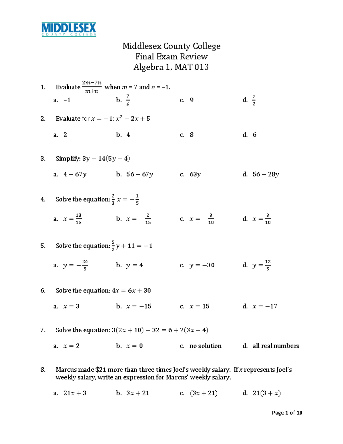 A1 Final Exam Review - Middlesex County College Final Exam Review ...
