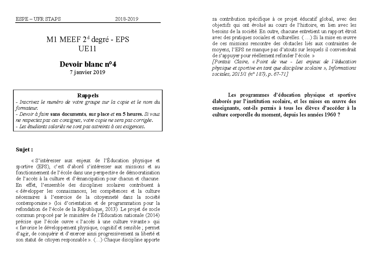 DB4 - ESPE – UFR STAPS 2018- M1 MEEF 2 d degré - EPS UE Devoir blanc n° 7 janvier 2019 Rappels ...