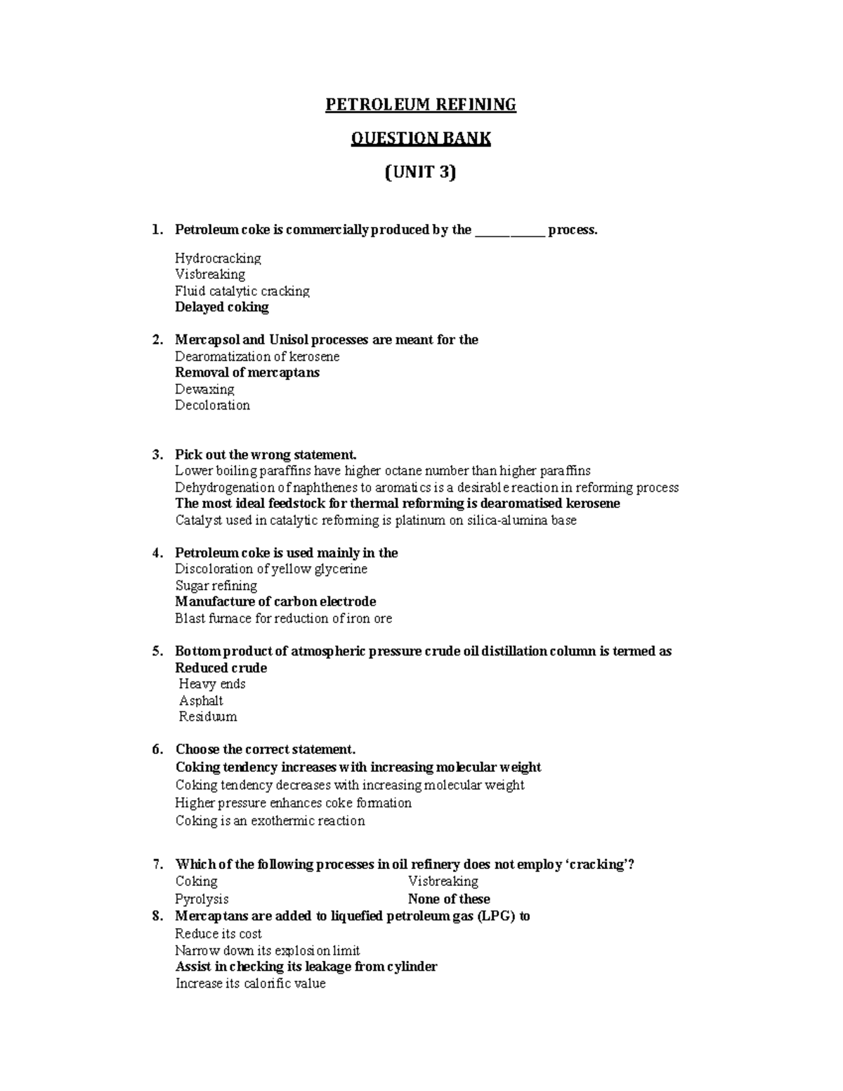 Petro QB Unit 3 - chemi - PETROLEUM REFINING QUESTION BANK (UNIT 3 ...