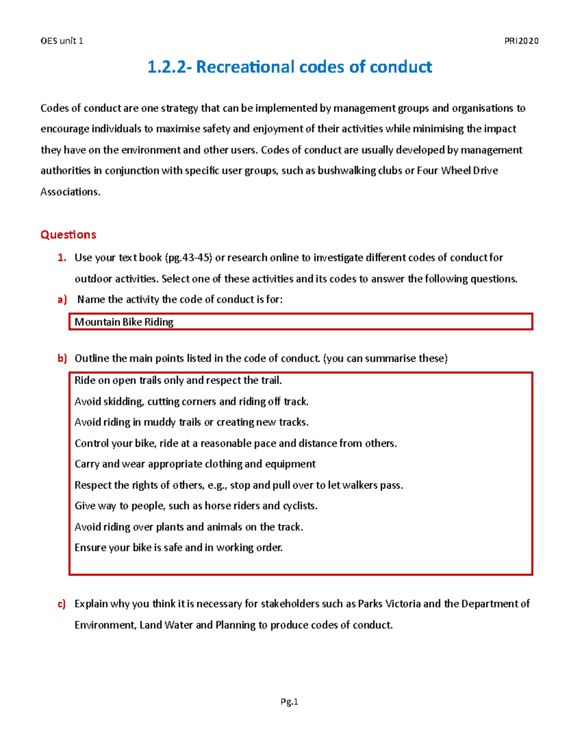 1 - coursework - 1.2- Recreational codes of conduct Codes of conduct ...