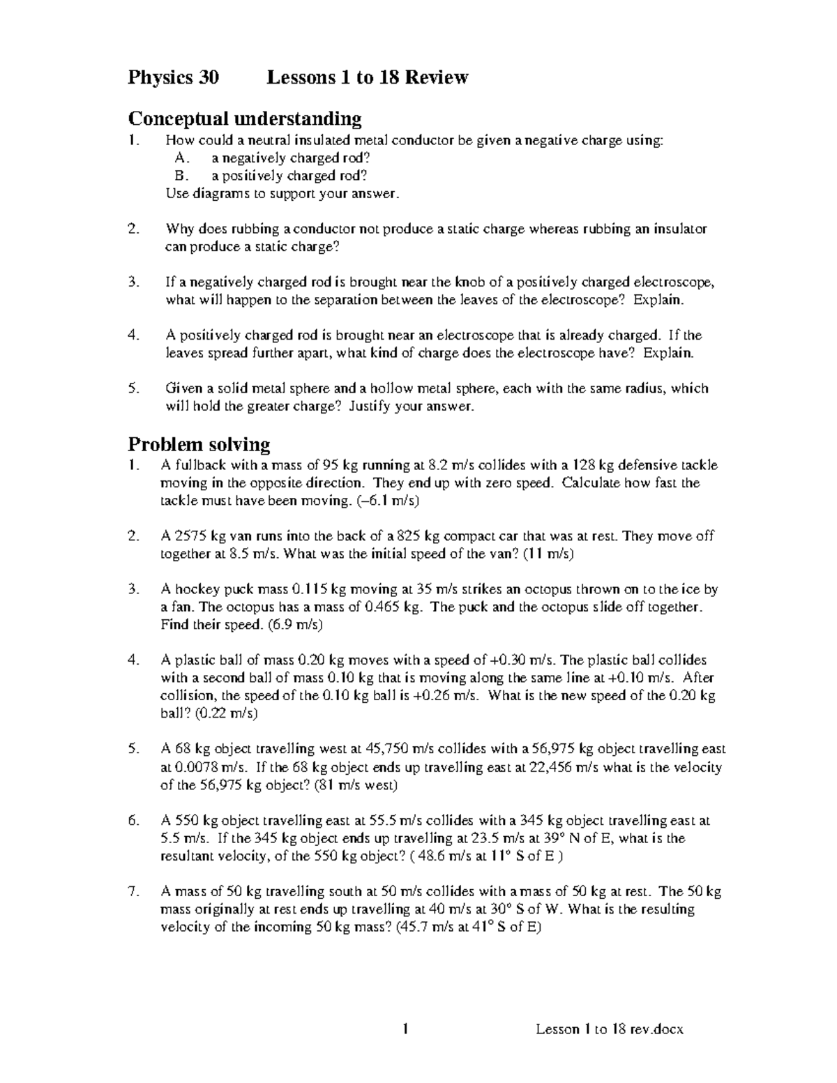 Chapter 3 Test Review - 1 Lesson 1 to 18 rev Physics 30 Lessons 1 to 18 ...