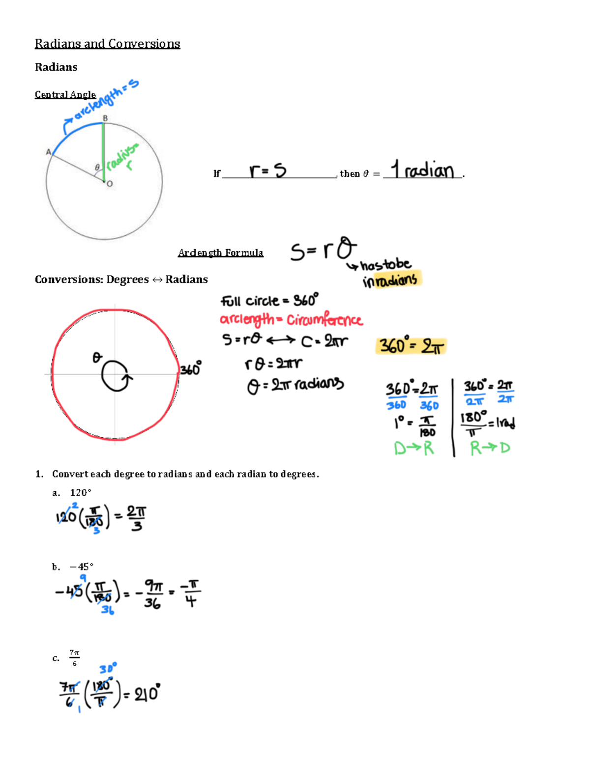 W1+V2+Radians+and+Conversions - Radians and Conversions Radians Central ...