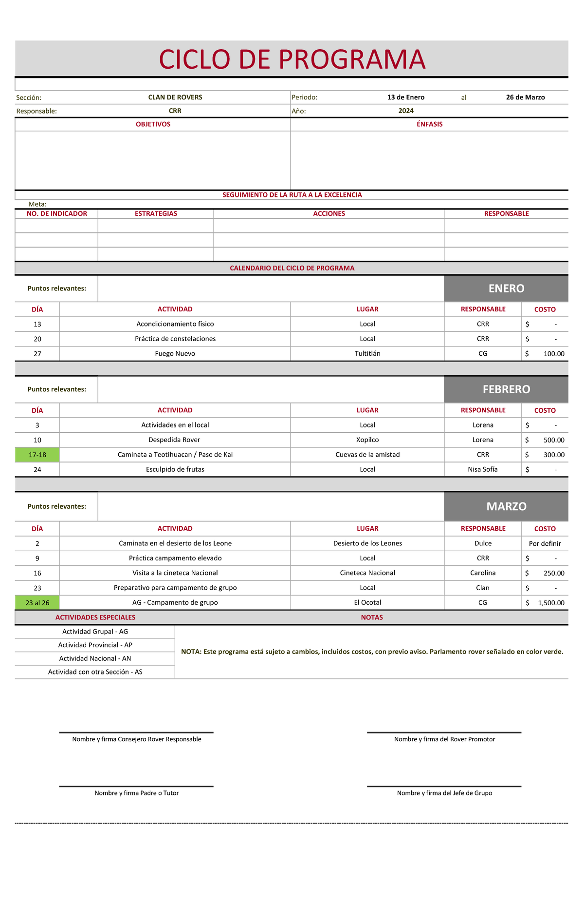 Ciclo de programa Clan 2024 1 - Sección: al Responsable: Año: Meta: DÍA COSTO 13 $ - 20 $ - 27 ...