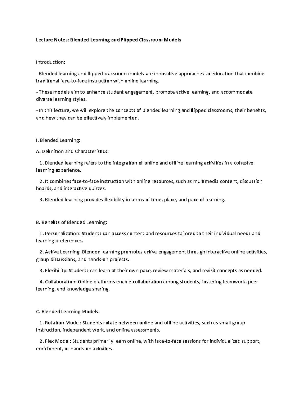 Lecture Notes: Blended Learning and Flipped Classroom Models - Lecture ...