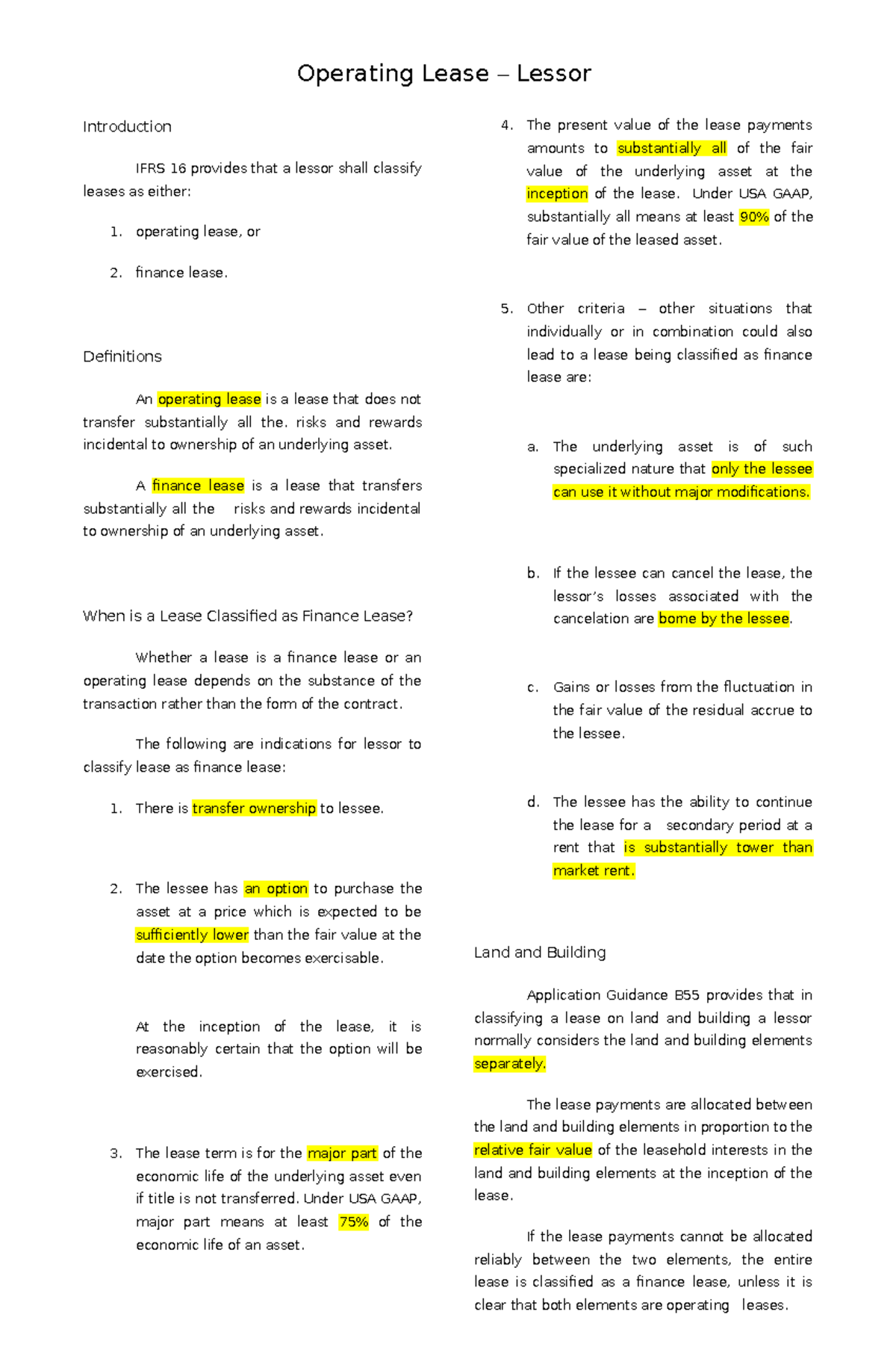 Operating Lease -Lessor Lecture Notes - Operating Lease – Lessor ...
