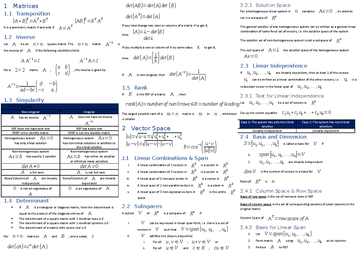 MA1513 Cheatsheet - Summary Linear Algebra with Differential Equations ...