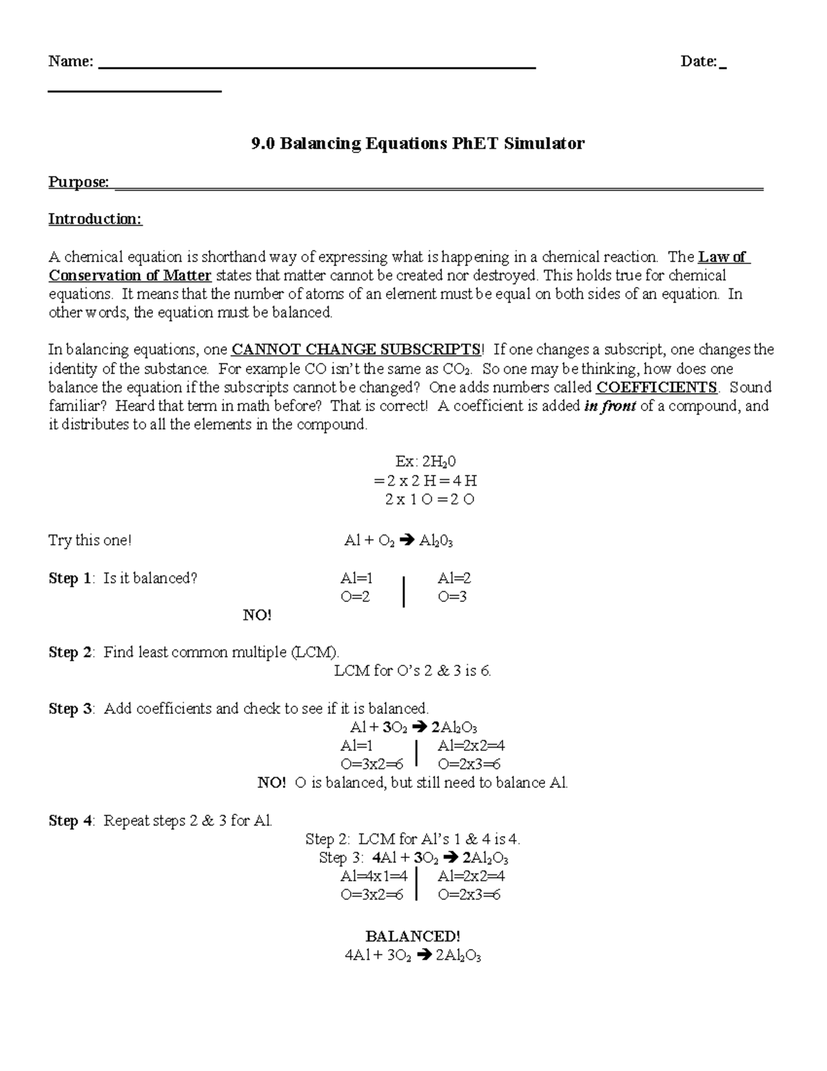 9.0 PHET Simulation Balancing Equations - Name