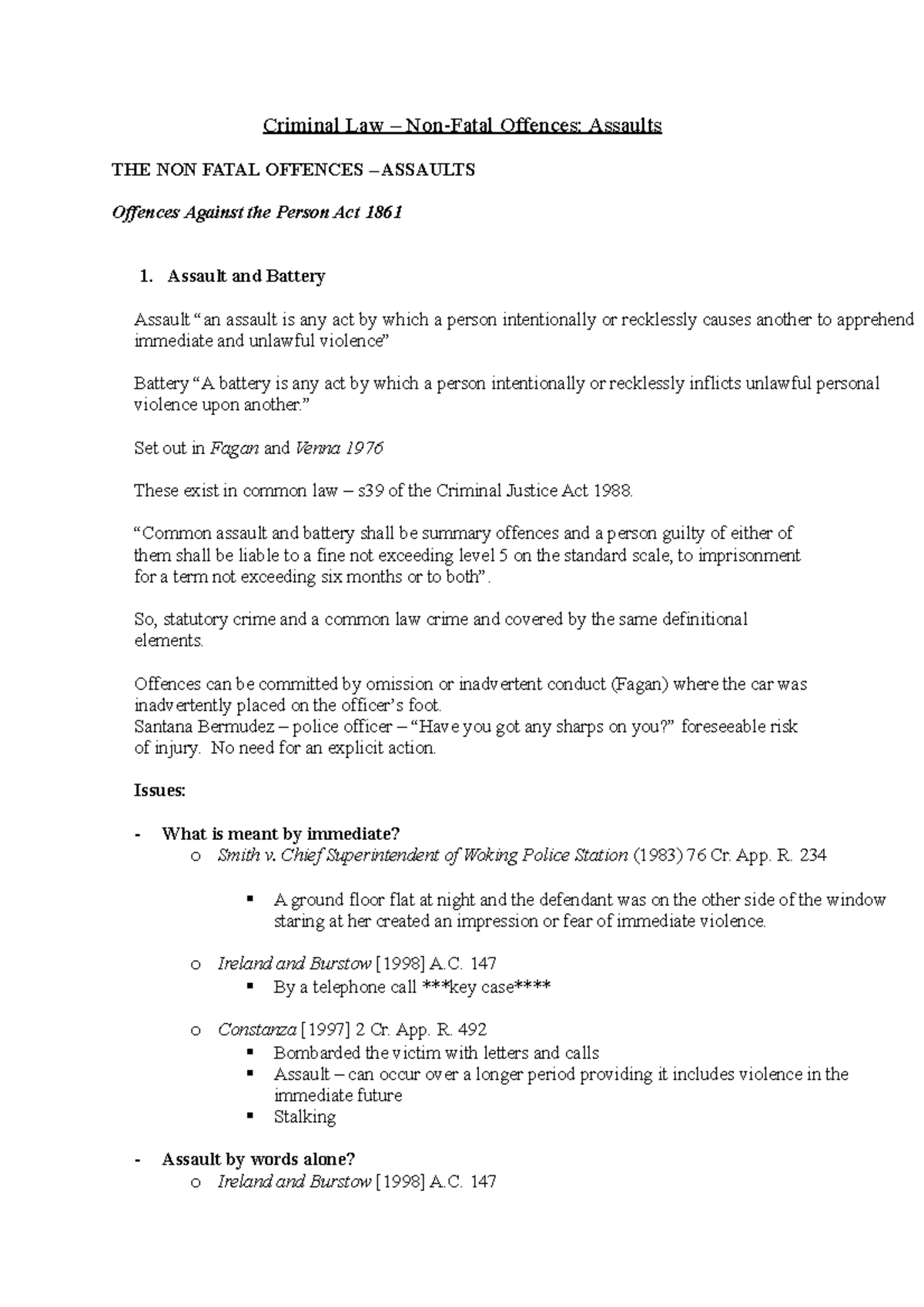 Criminal Law-Non-Fatal Offences - Assaults - Criminal Law – Non-Fatal ...