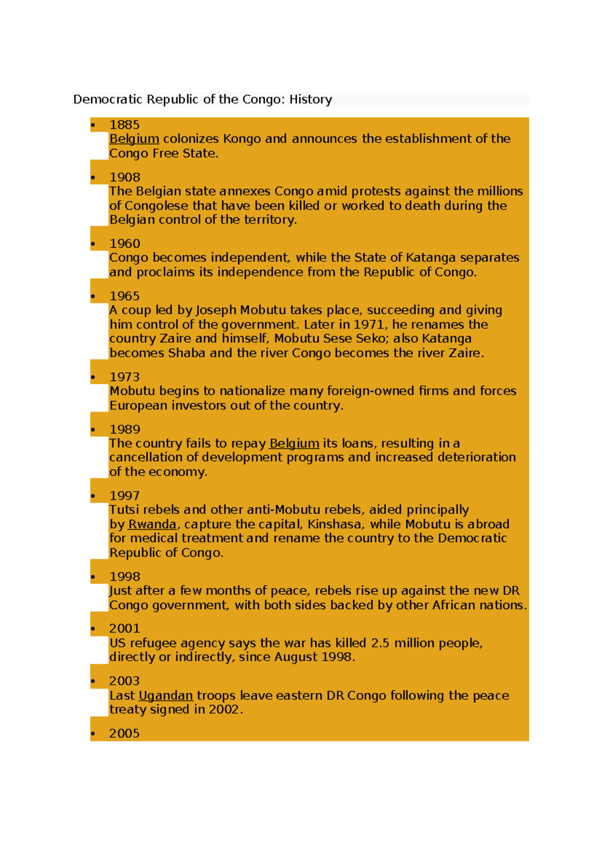 Econ overview - Democratic Republic of the Congo: History 1885 Belgium ...