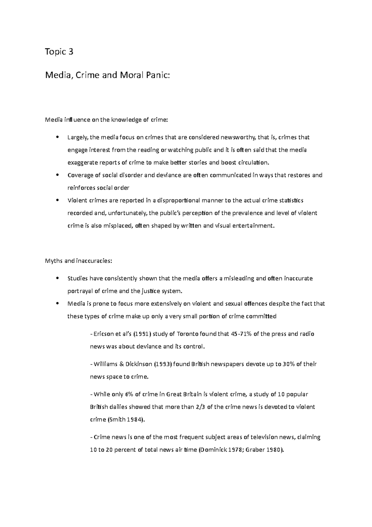 Topic 3 - CRIM100 lecture notes - Topic 3 Media, Crime and Moral Panic ...