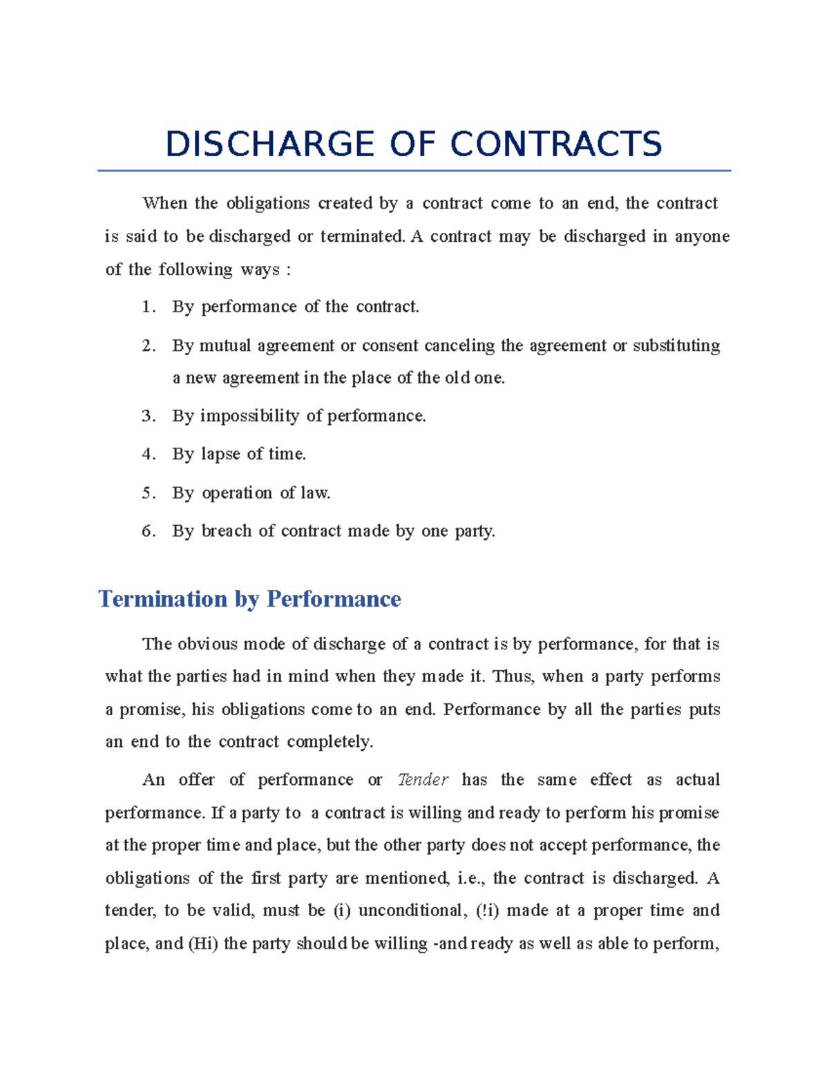 Discharge OF Contracts - DISCHARGE OF CONTRACTS When the obligations ...