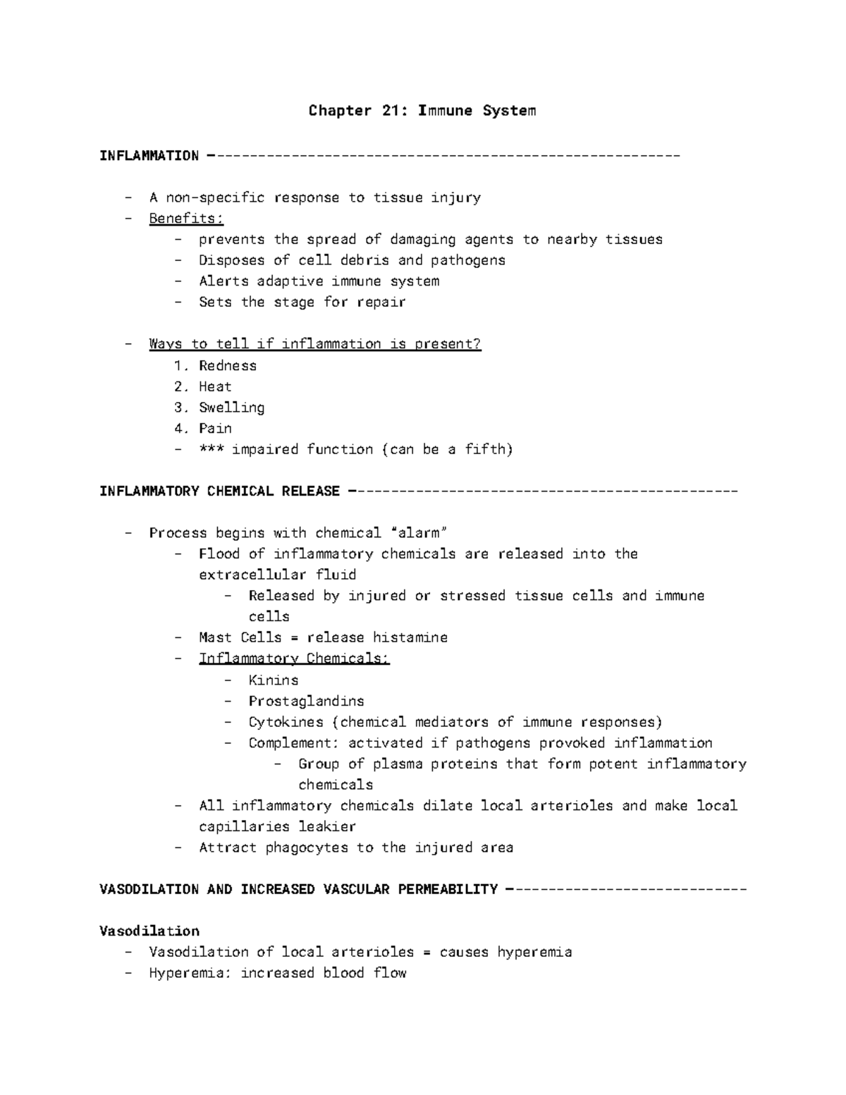 Chapter 21: Immune System - Chapter 21: Immune System INFLAMMATION —- A non-specific response to ...