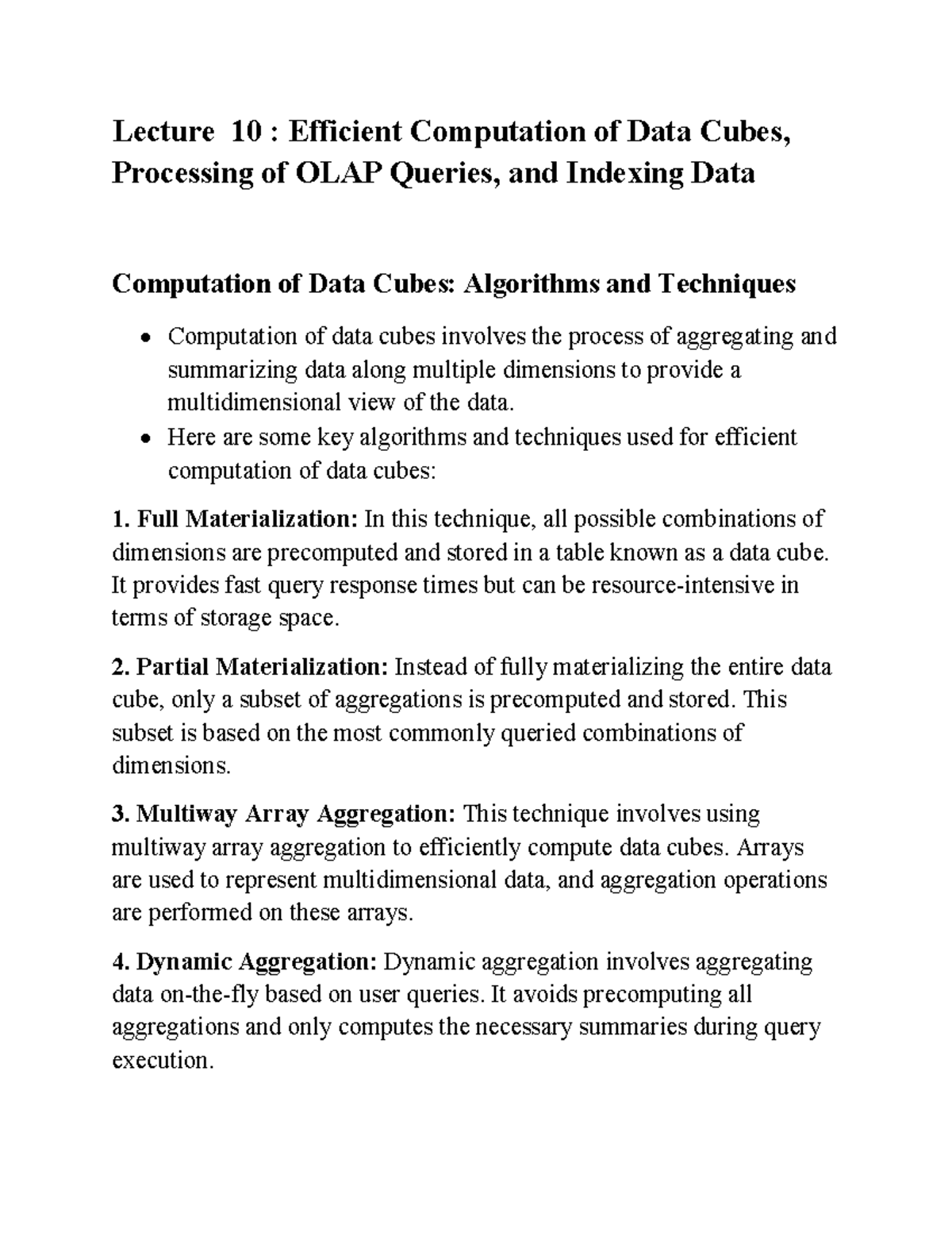 Unit 1 10 - Lecture 10 : Efficient Computation of Data Cubes, Processing of OLAP Queries, and ...