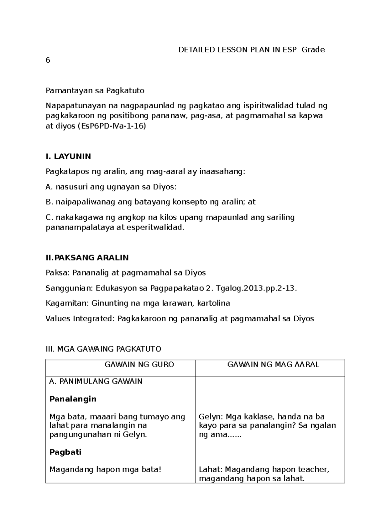 Esp Dlp 6 - N/A - DETAILED LESSON PLAN IN ESP Grade 6 Pamantayan sa ...
