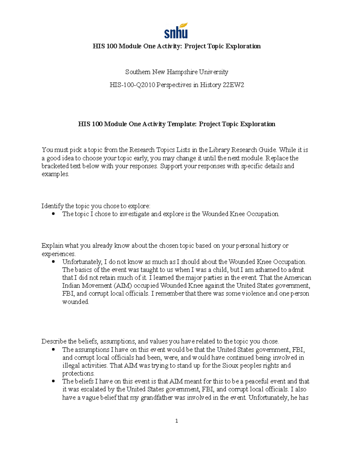 HIS 100 Module One Activity Project Topic Exploration - HIS 100 Module ...