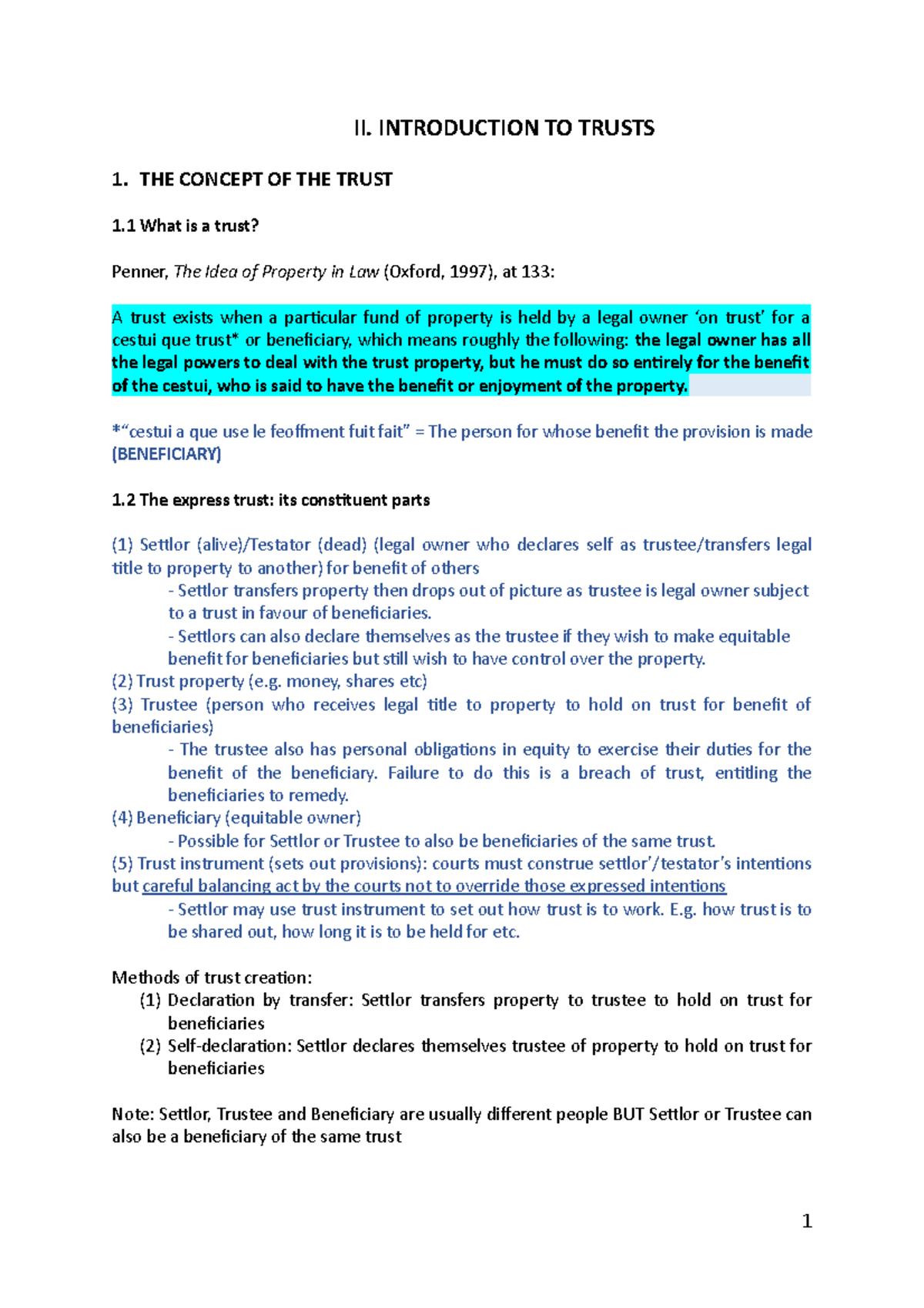 II. Introduction TO Trusts Handout - II. INTRODUCTION TO TRUSTS 1. THE ...