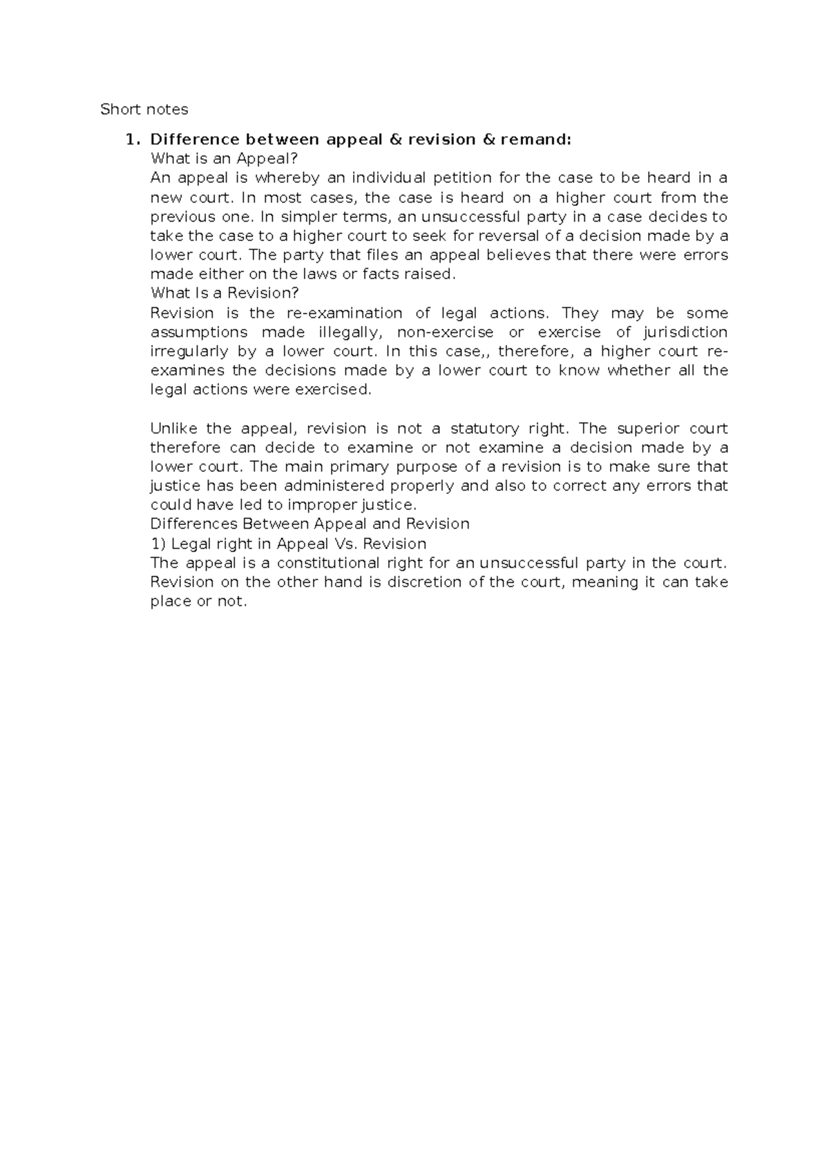 Short notes Cr Pc - Short notes 1. Difference between appeal & revision ...