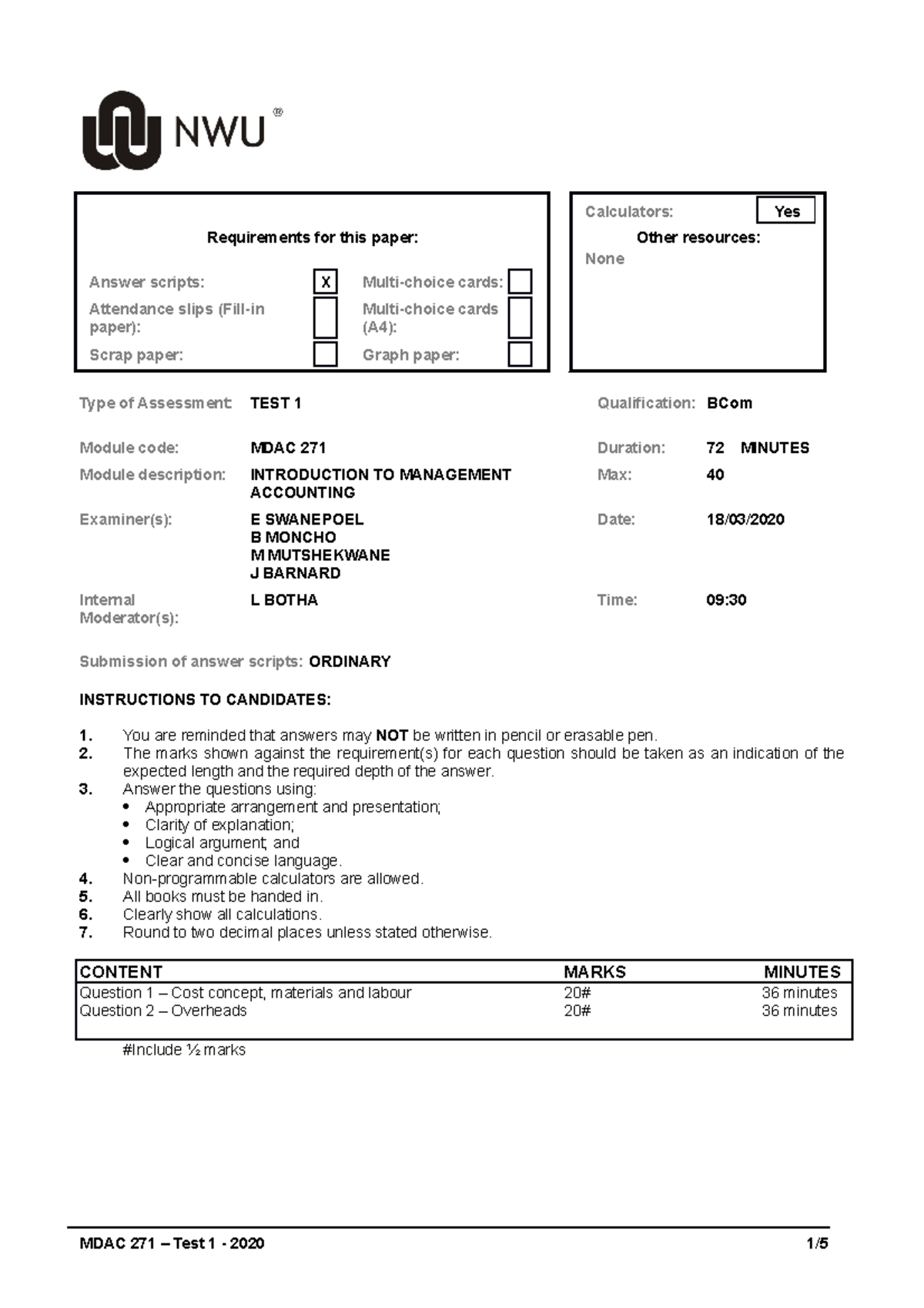 MDAC271 Test 1 2020 3A Final 1 ENG-1 - Calculators: Yes Requirements ...
