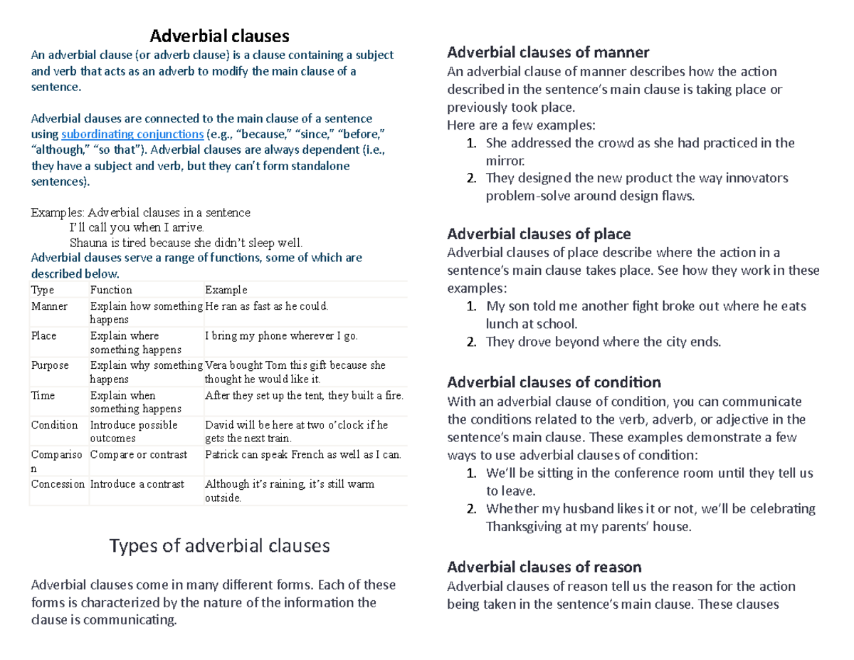 Adverbial clauses - Adverbial clauses are connected to the main clause ...