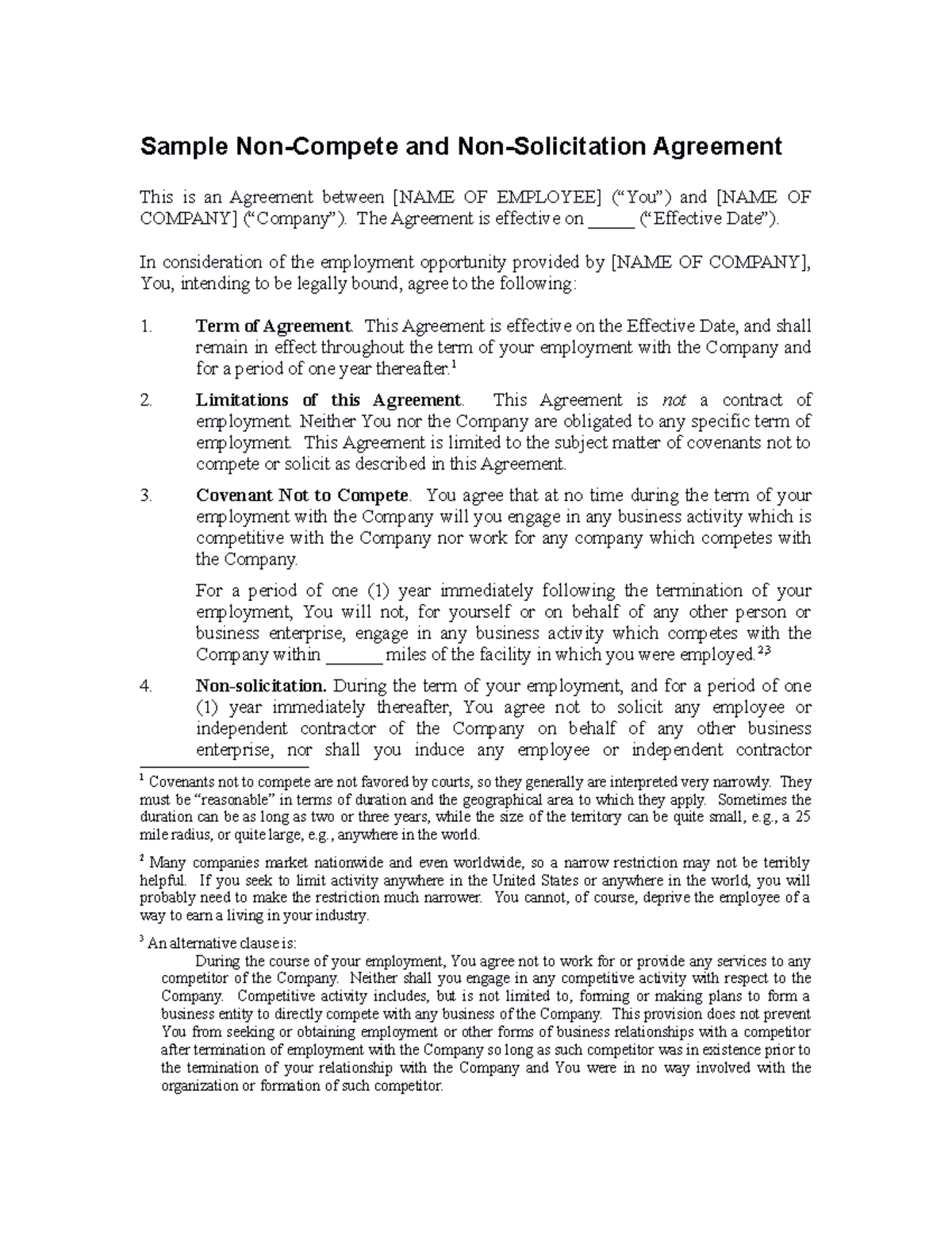 Sample Non-Compete and Non-Solicitation Agreement - The Agreement is ...